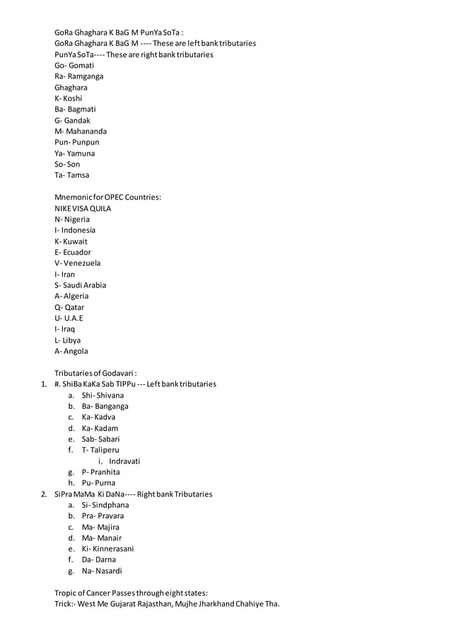 UPSC Mnemonic for quick revision | DOCX | Asia Travel | Travel Locations