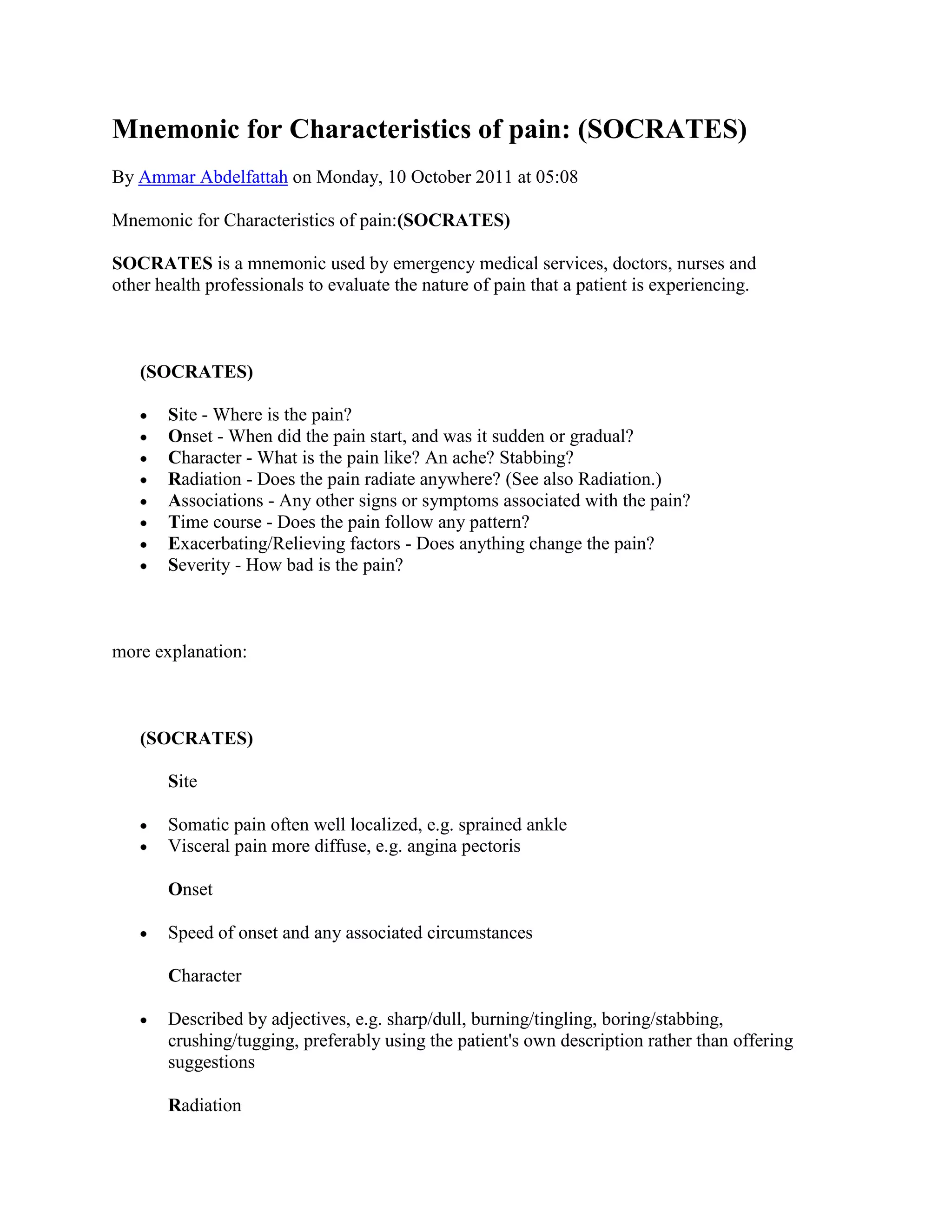 Mnemonic for characteristics of pain | DOCX