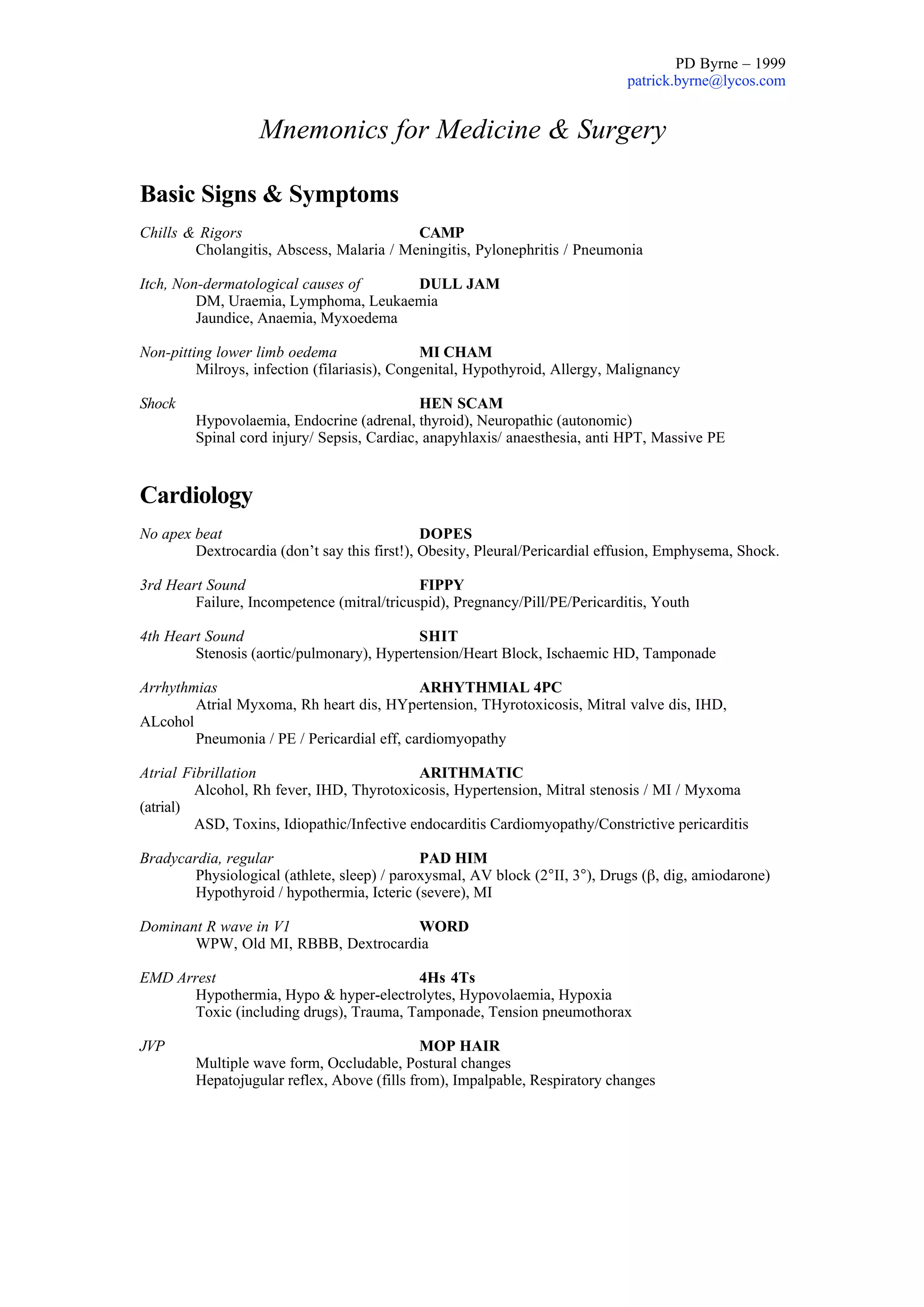 Mnemonics for medicine & surgery | PDF