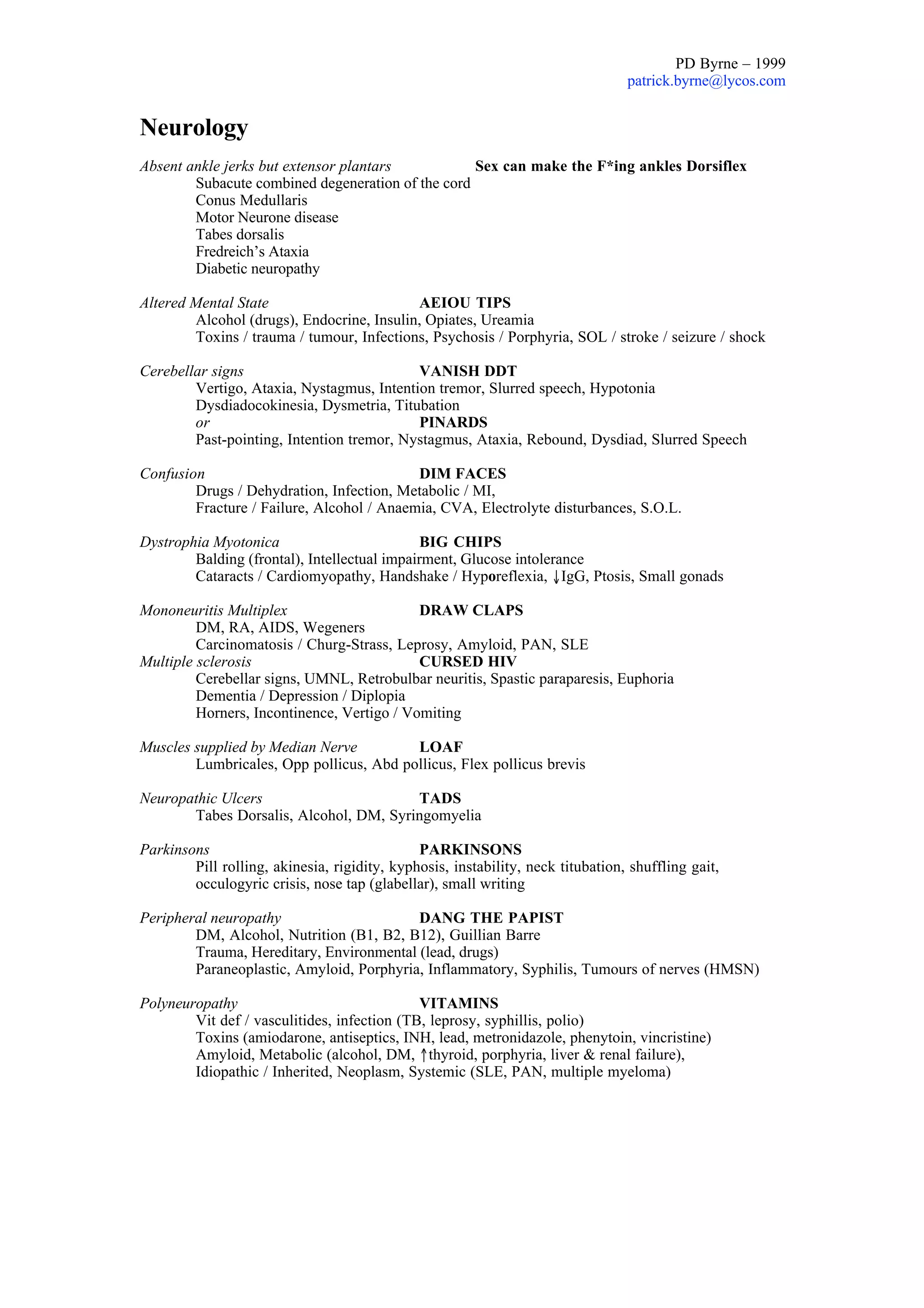 Mnemonics for medicine & surgery | PDF