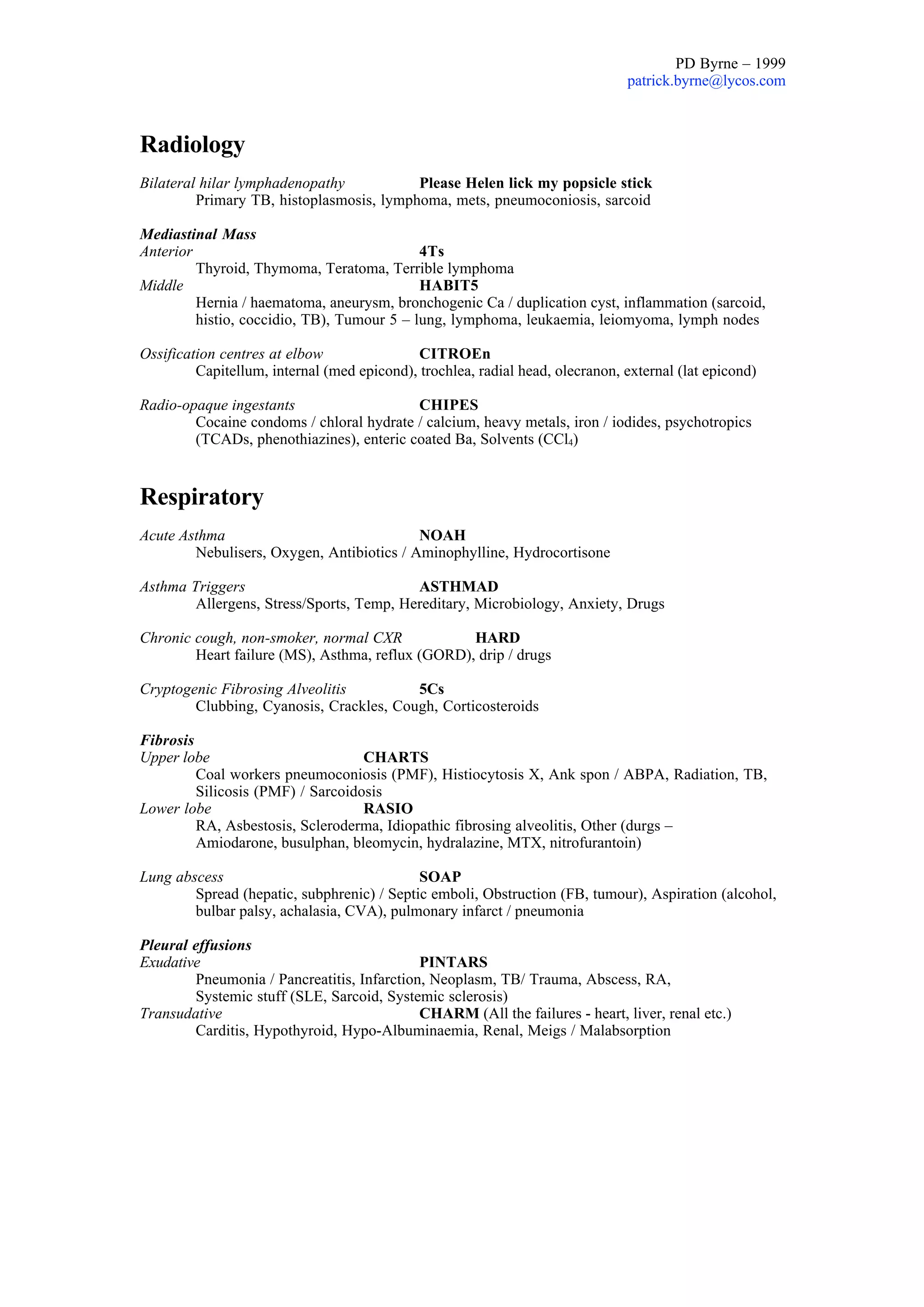 Mnemonics for medicine & surgery | PDF