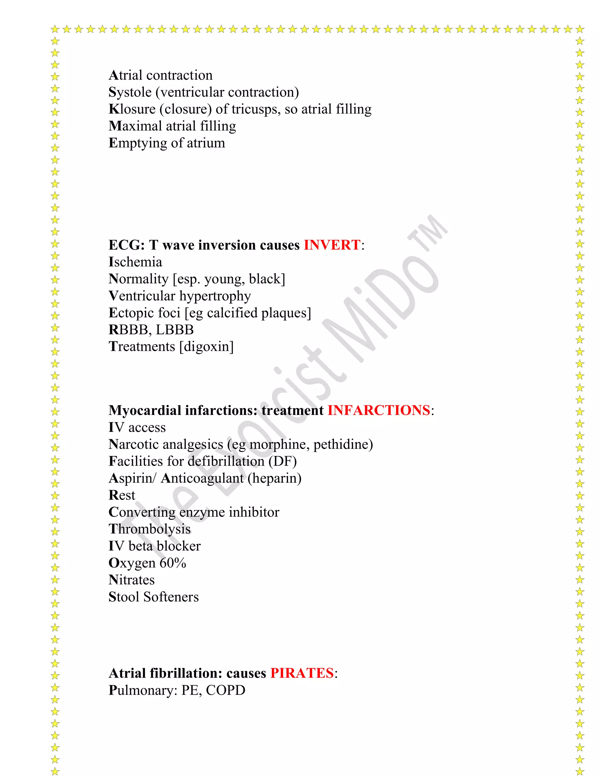 Cardiology Mnemonics | PDF