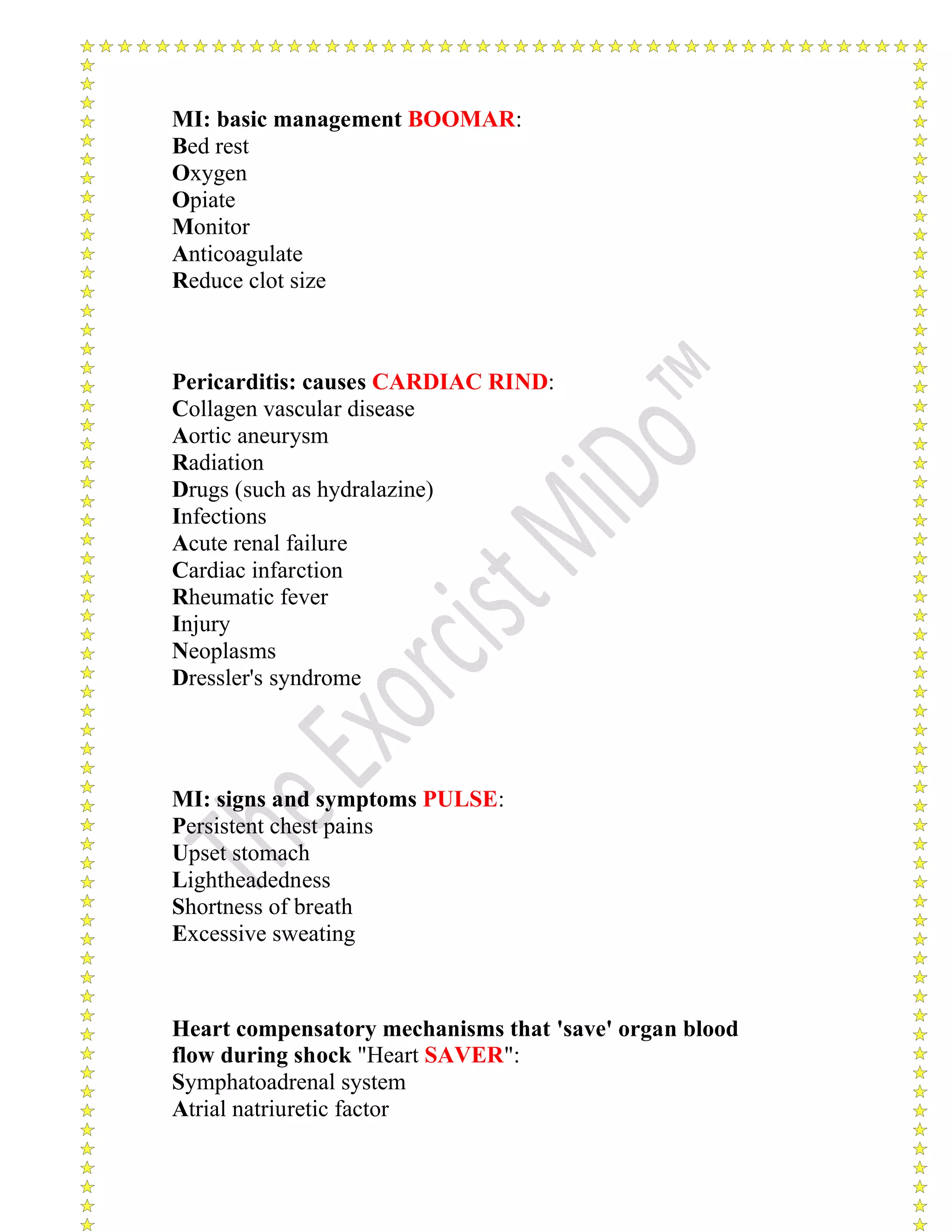 Cardiology Mnemonics | PDF