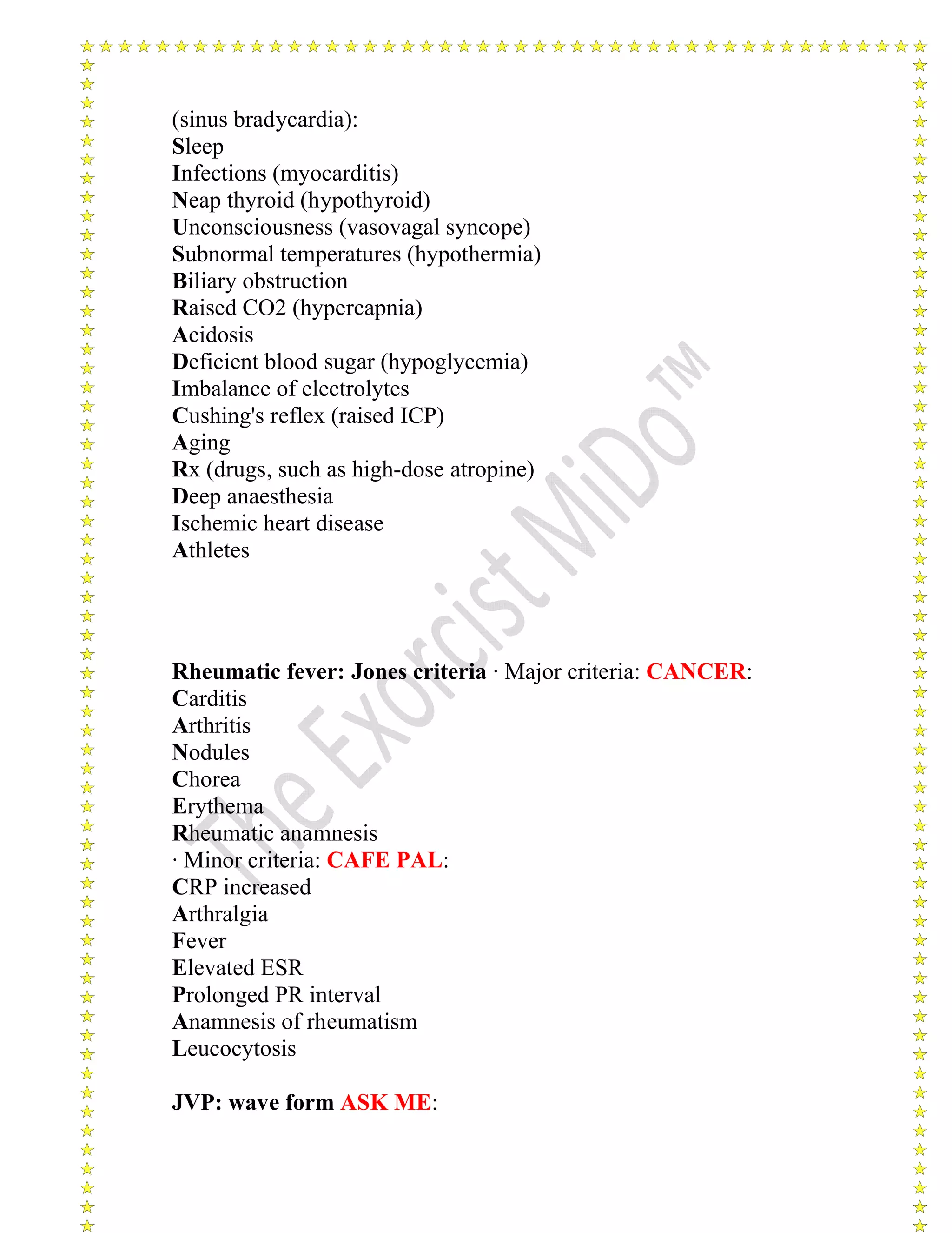 Cardiology Mnemonics | PDF