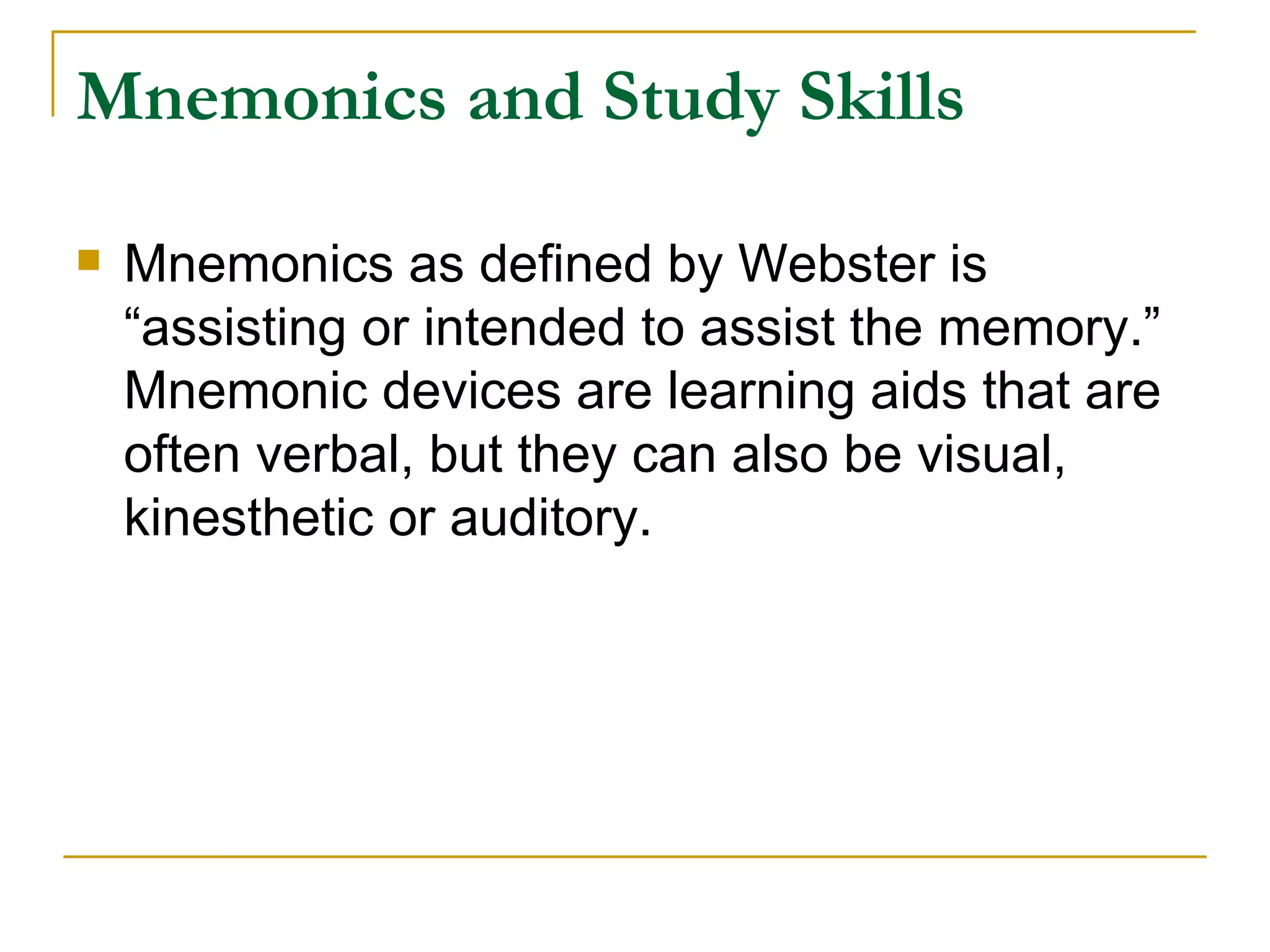 Mnemonics studyskills | PPT