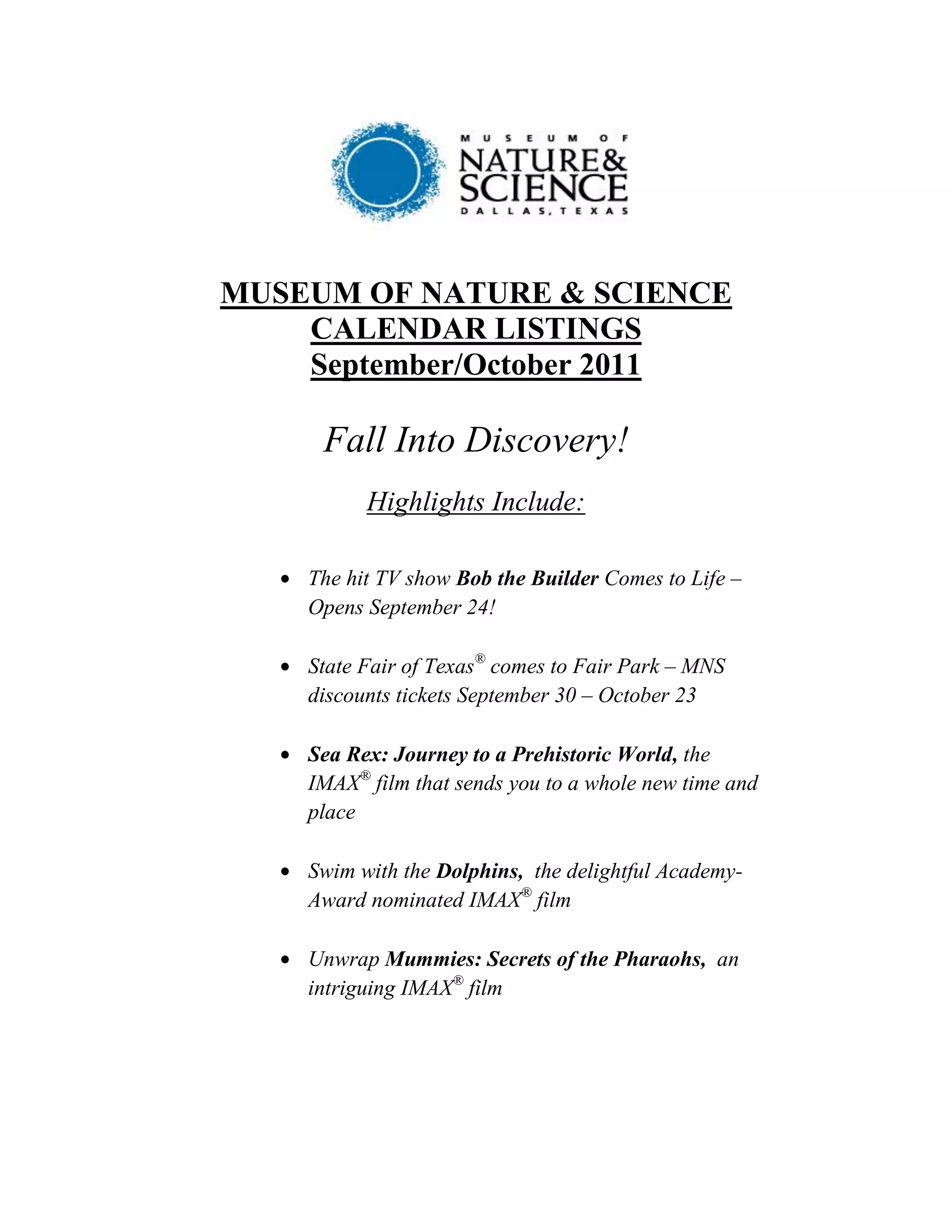 MNS Calendar Listings Sept-Oct 2011 | PDF