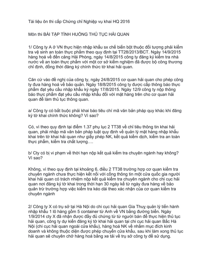 Môn thi bài tập tình huống thủ tục hải quan tài liệu ôn thi cấp chứng chỉ nghiệp vụ khai hq 2016 ...