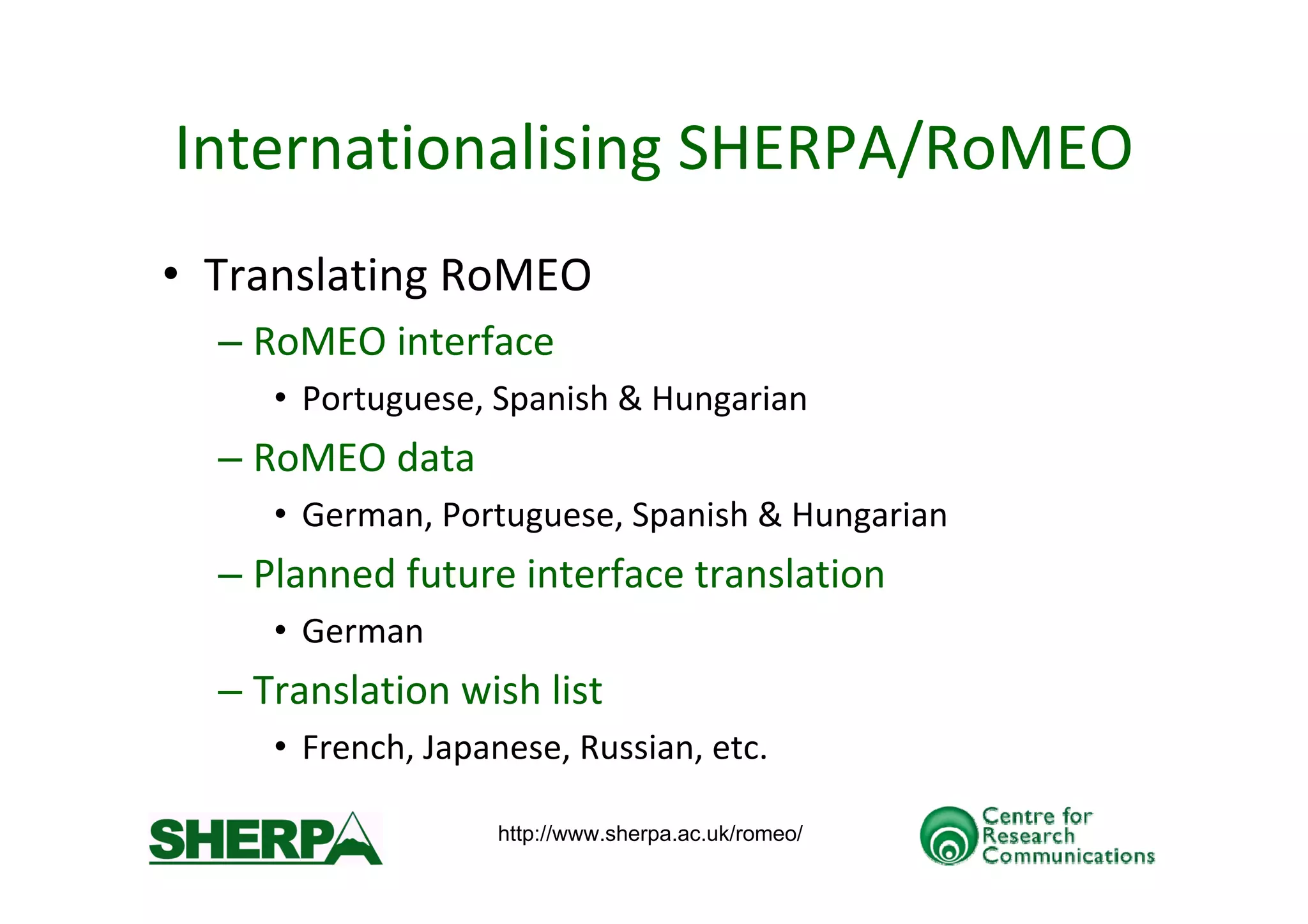 MOA 2012, Developing SHERPA/RoMEO's role in improving open access | PPT