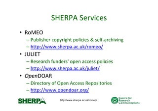 MOA 2012, Developing SHERPA/RoMEO's role in improving open access | PDF