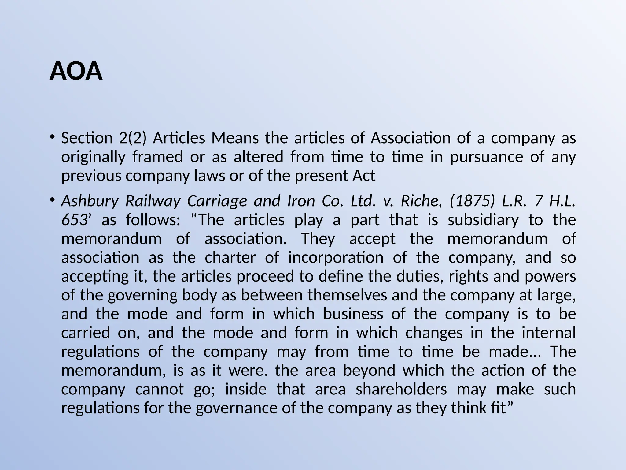 MOA and AOA as explained under the companies act of Indian law | PPTX