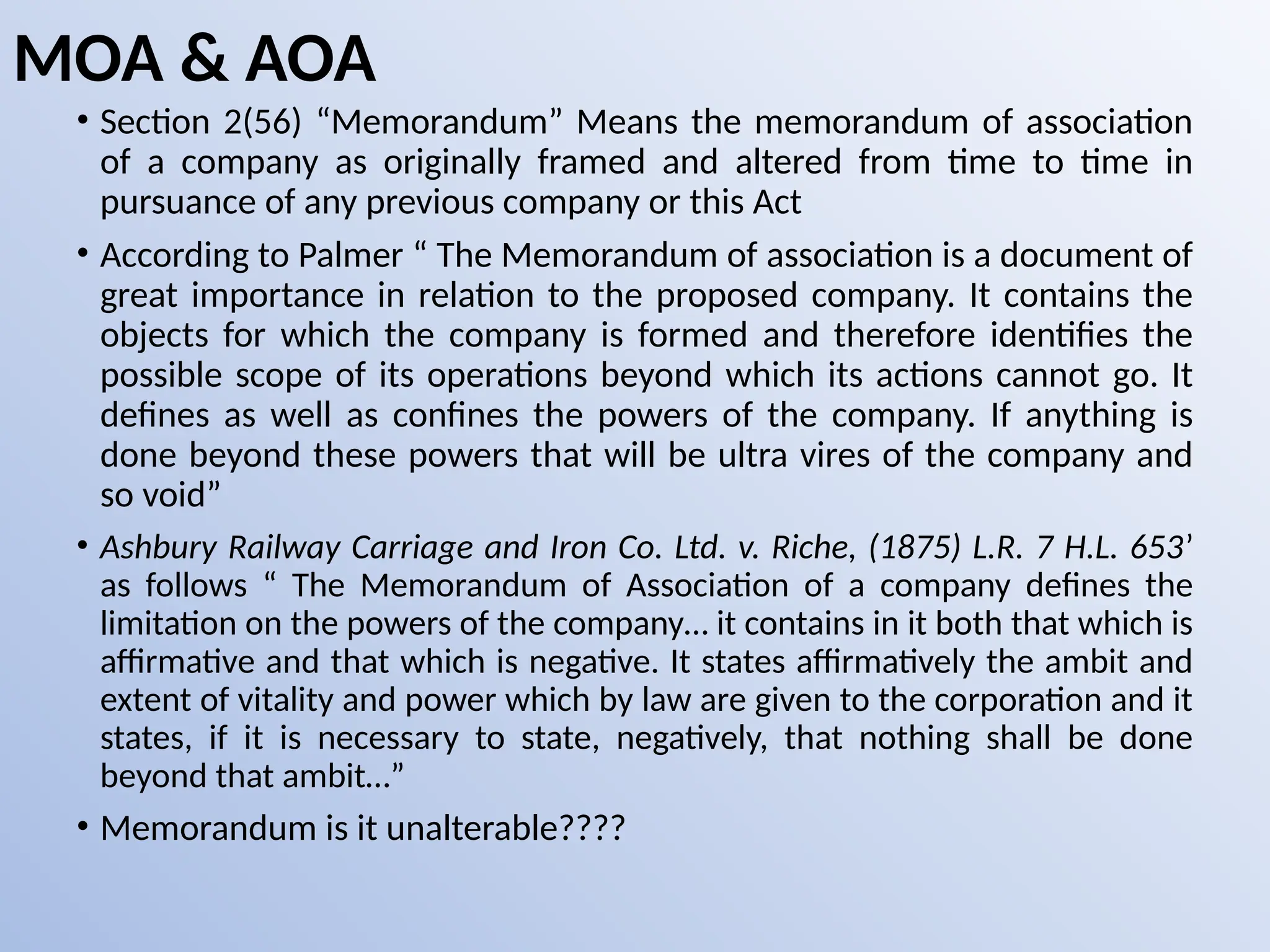 MOA and AOA as explained under the companies act of Indian law | PPTX