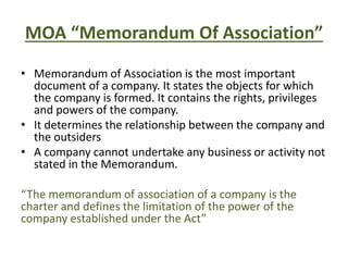 MOA vs AOA (LEGAL ASPECTS OF MANAGEMENT) | PPTX