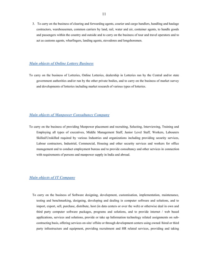 Format Of Main Object Clause of Various Types of Companies as Per ...