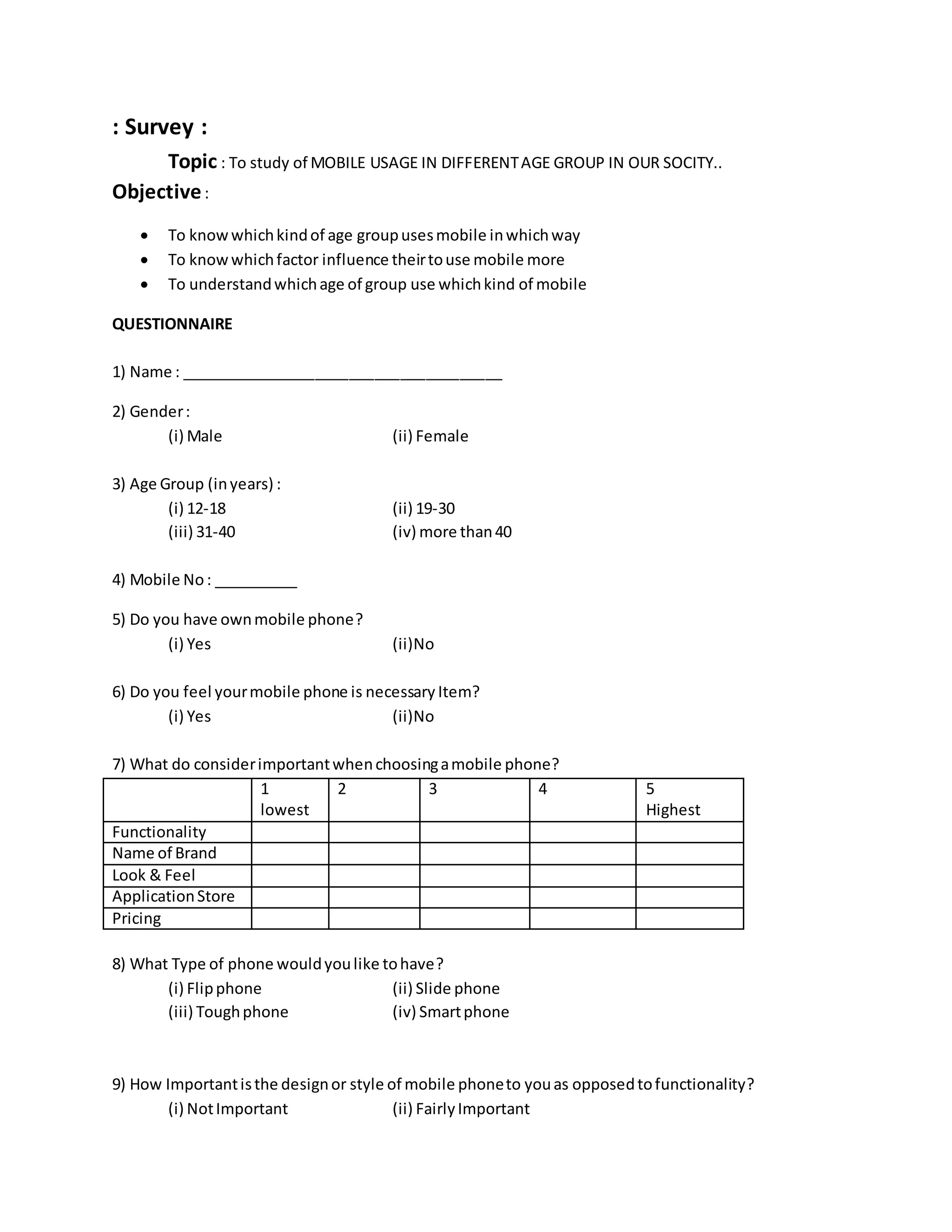 Questionnaire for mobile servey | DOCX