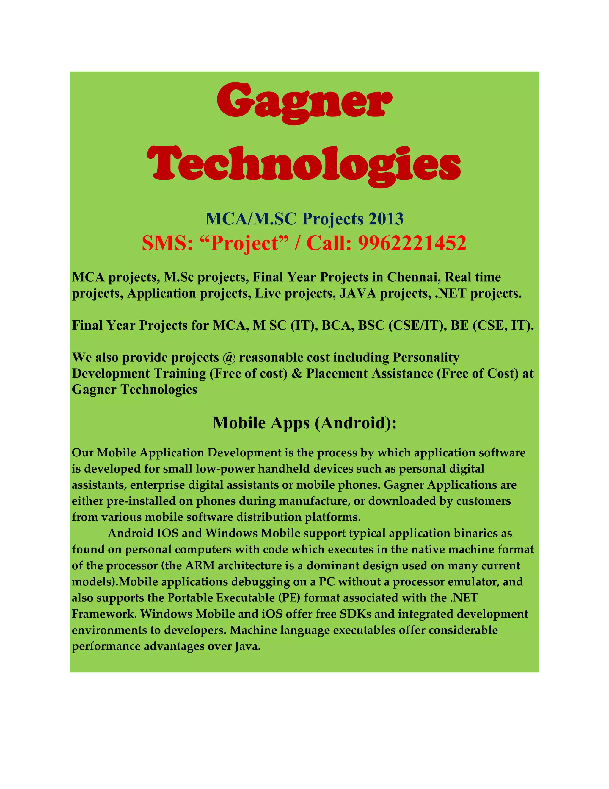 Mobileapplicationprojectsformcaingagnerchennai | DOCX