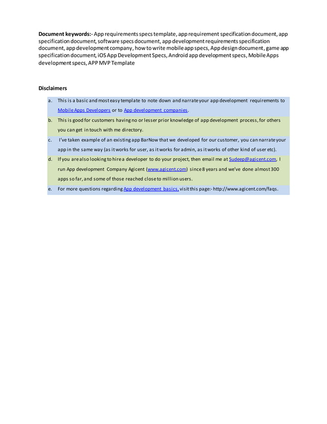 Mobile App Specification template, Sample App requirements specs ...
