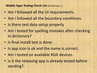 Mobile apps testing check list | PPTX | Operating Systems | Computer ...