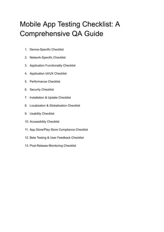 Mobile App Testing Checklist for Developers | PDF