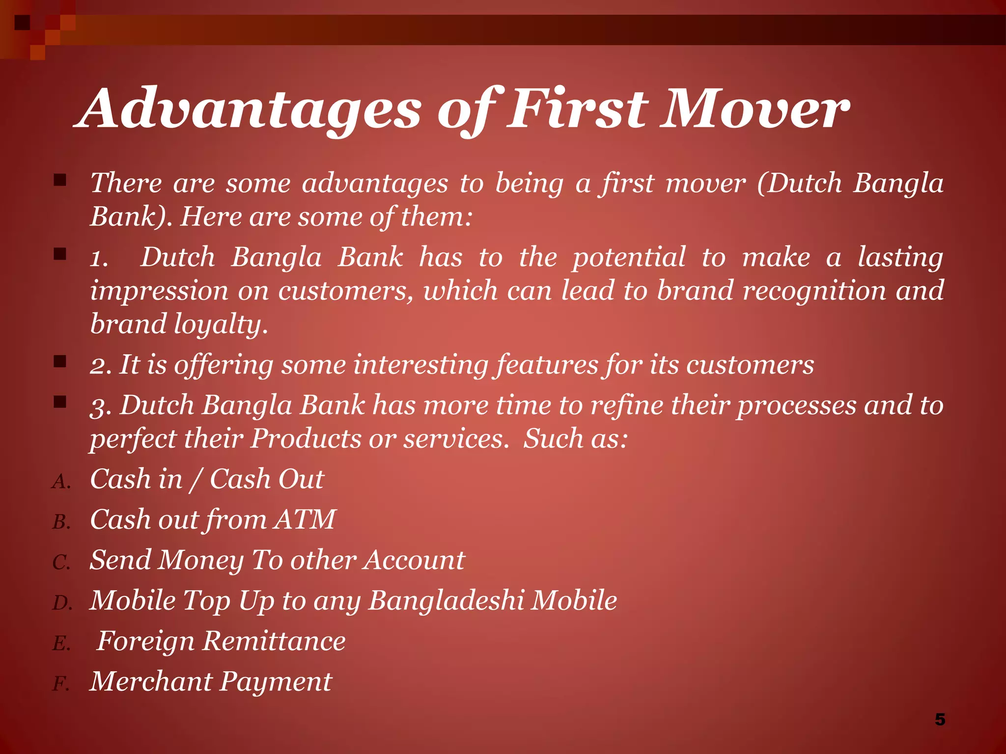 Mobile banking industry (first mover, second mover & late mover) | PPT