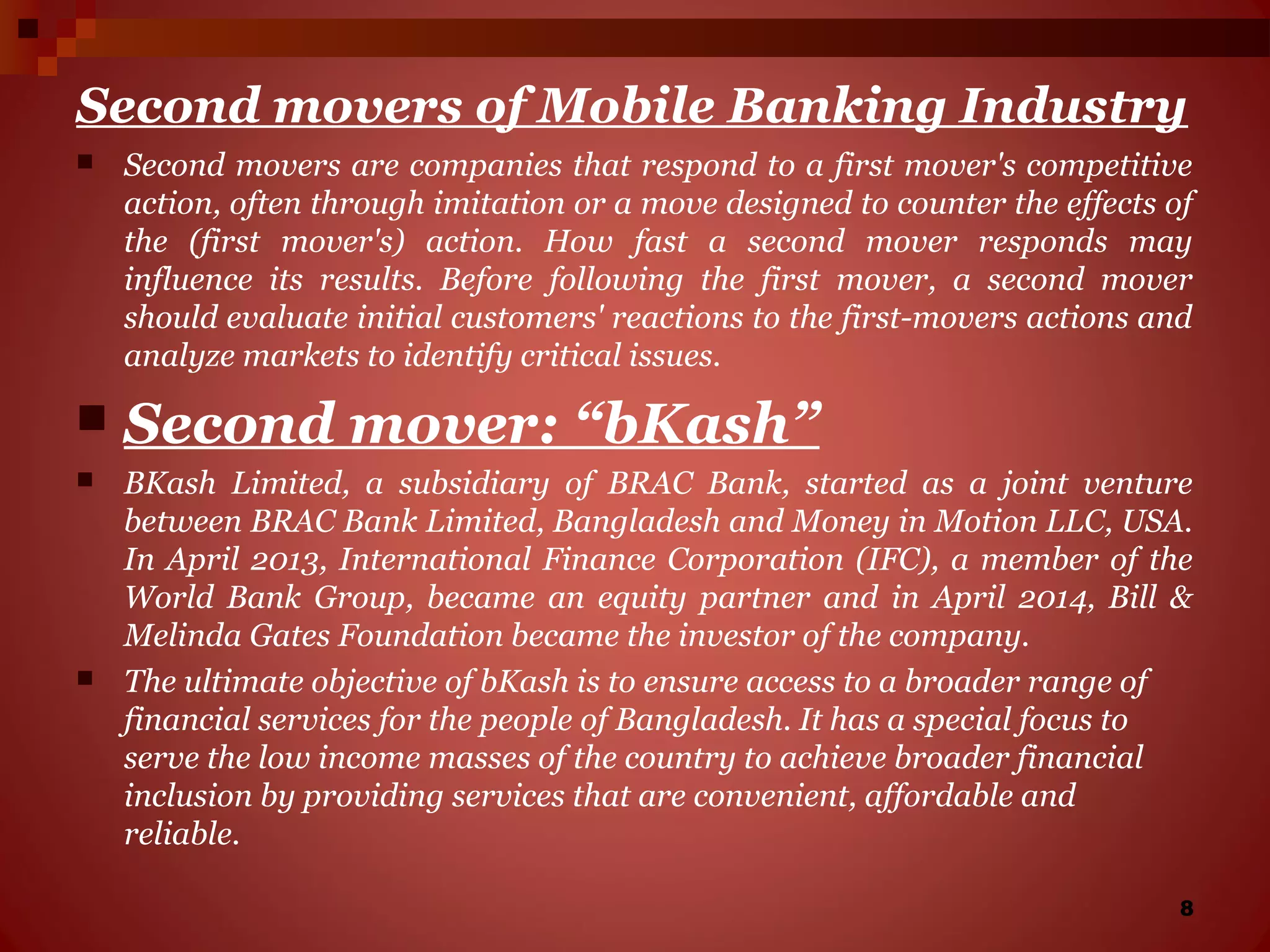 Mobile banking industry (first mover, second mover & late mover) | PPT