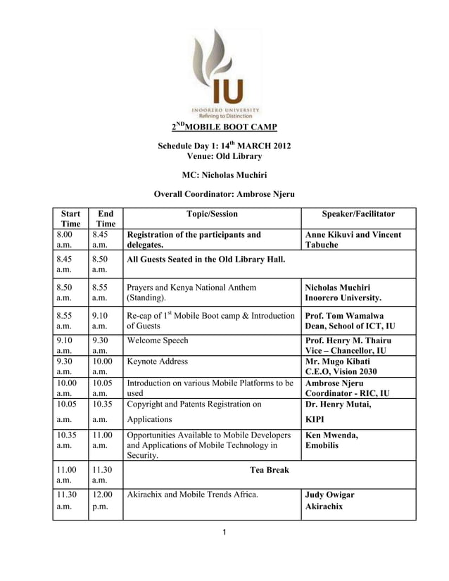 Inoorero Universty Mobile boot camp schedule | DOCX | Smartphones ...