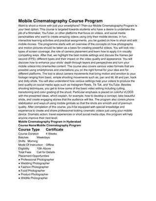 Mobile Cinematography program photography | PDF