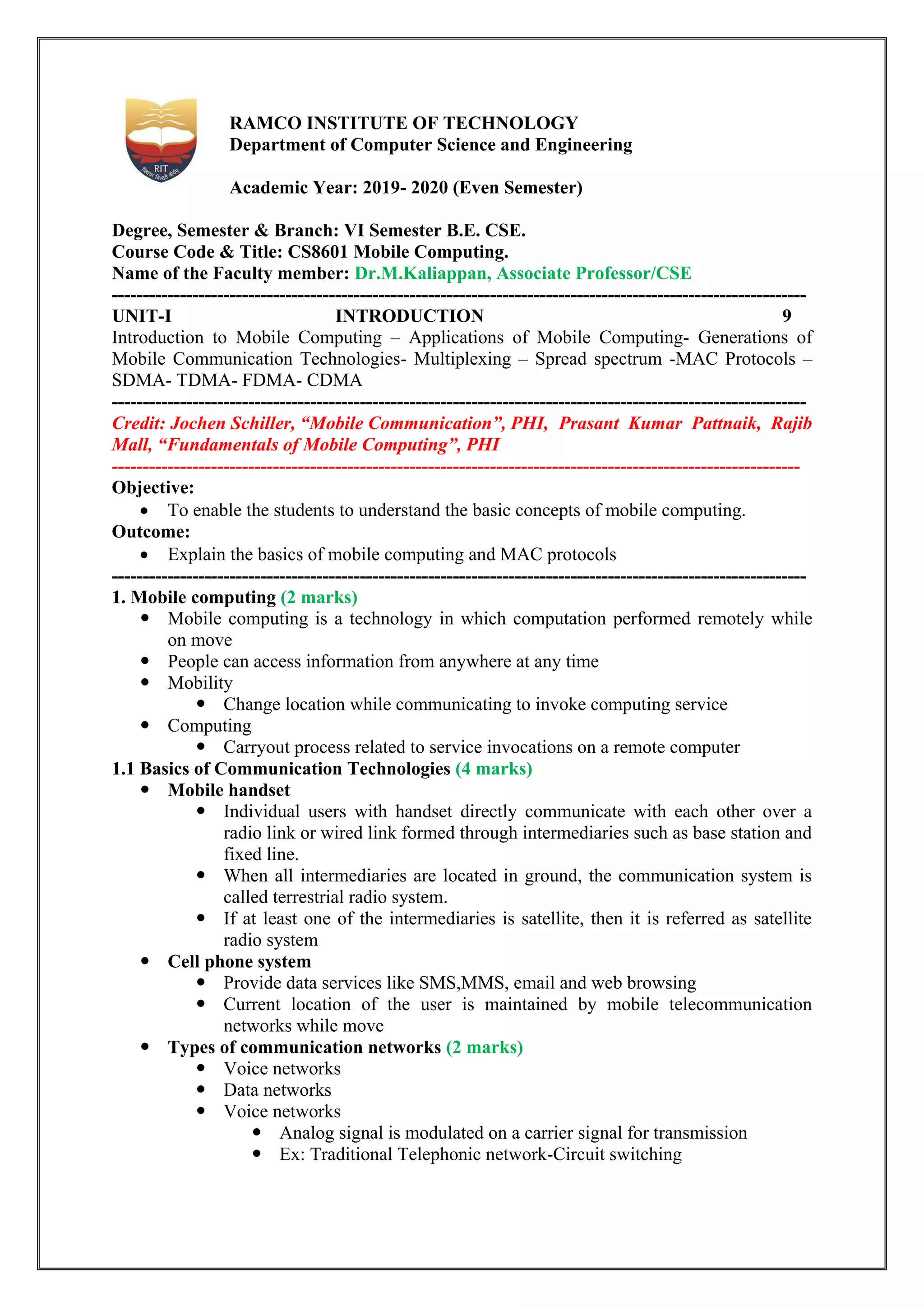 Mobile Computing Unit I Notes 07 01 2020