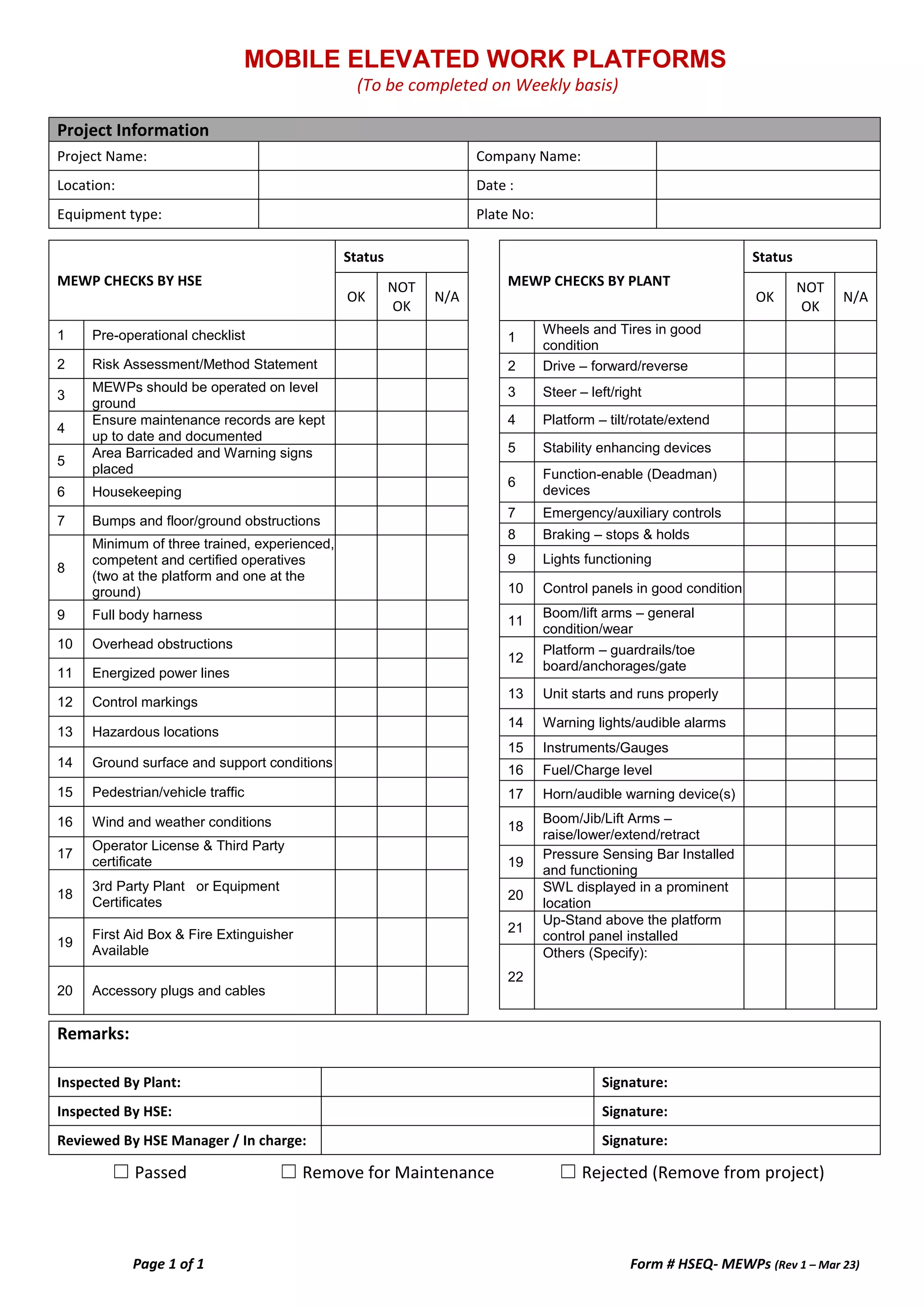 MOBILE ELEVATED WORK PLATFORMS CHECKLIST Form # HSEQ - MEWP Rev 1 - M.docx