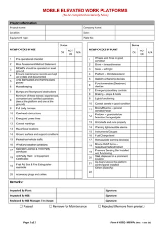 MOBILE ELEVATED WORK PLATFORMS CHECKLIST Form # HSEQ - MEWP Rev 1 - M.docx