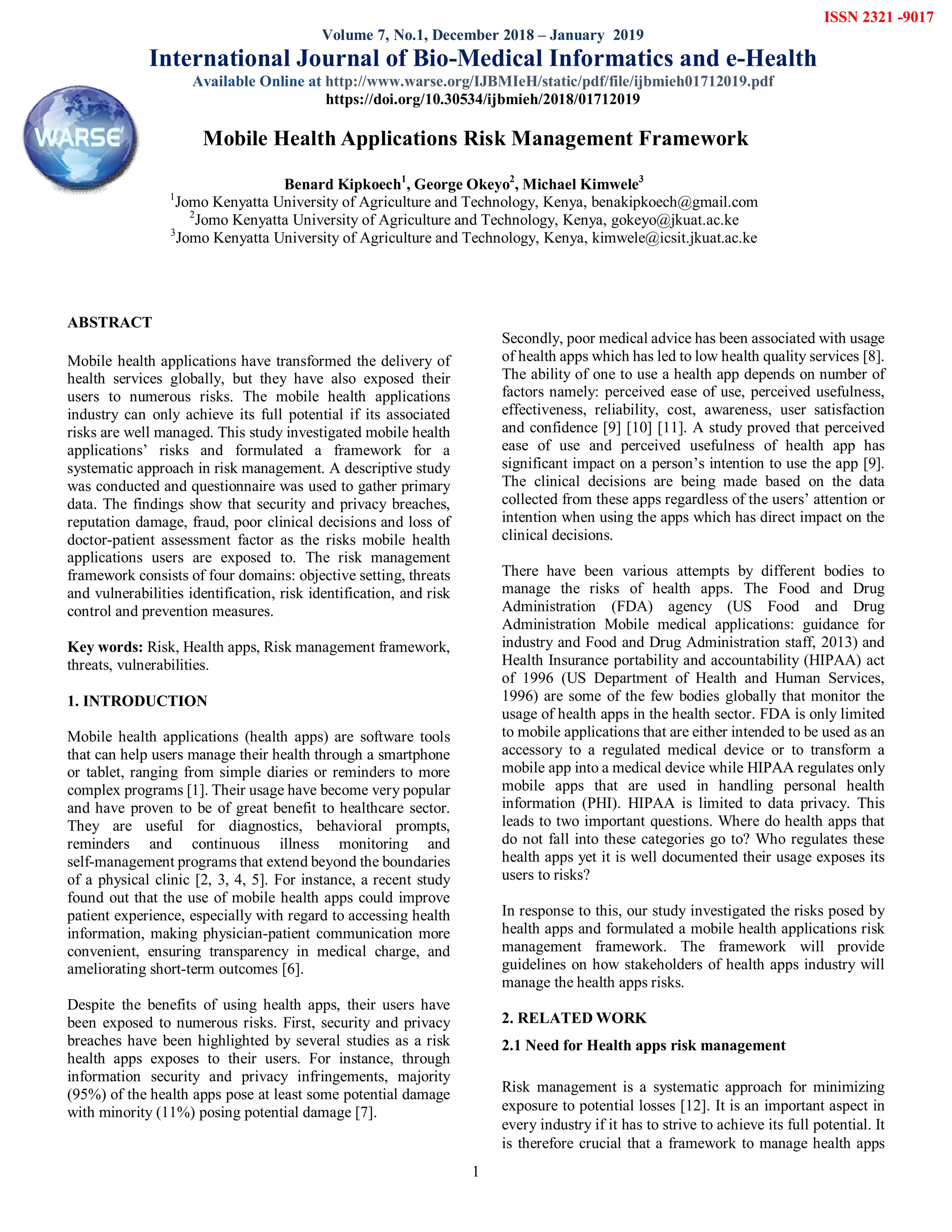 Mobile health applications risk management framework | PDF