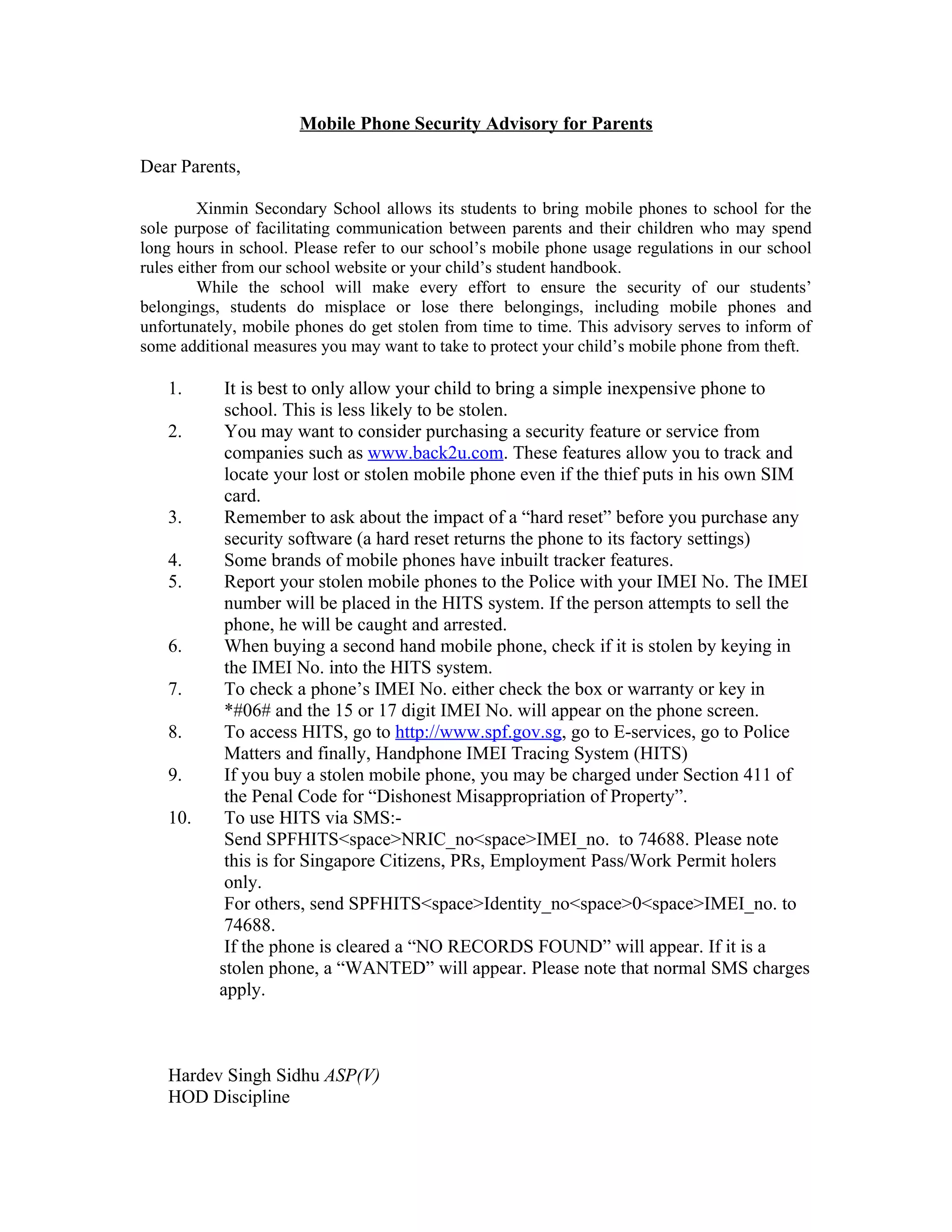 Mobile phone security advisory for parents | DOC