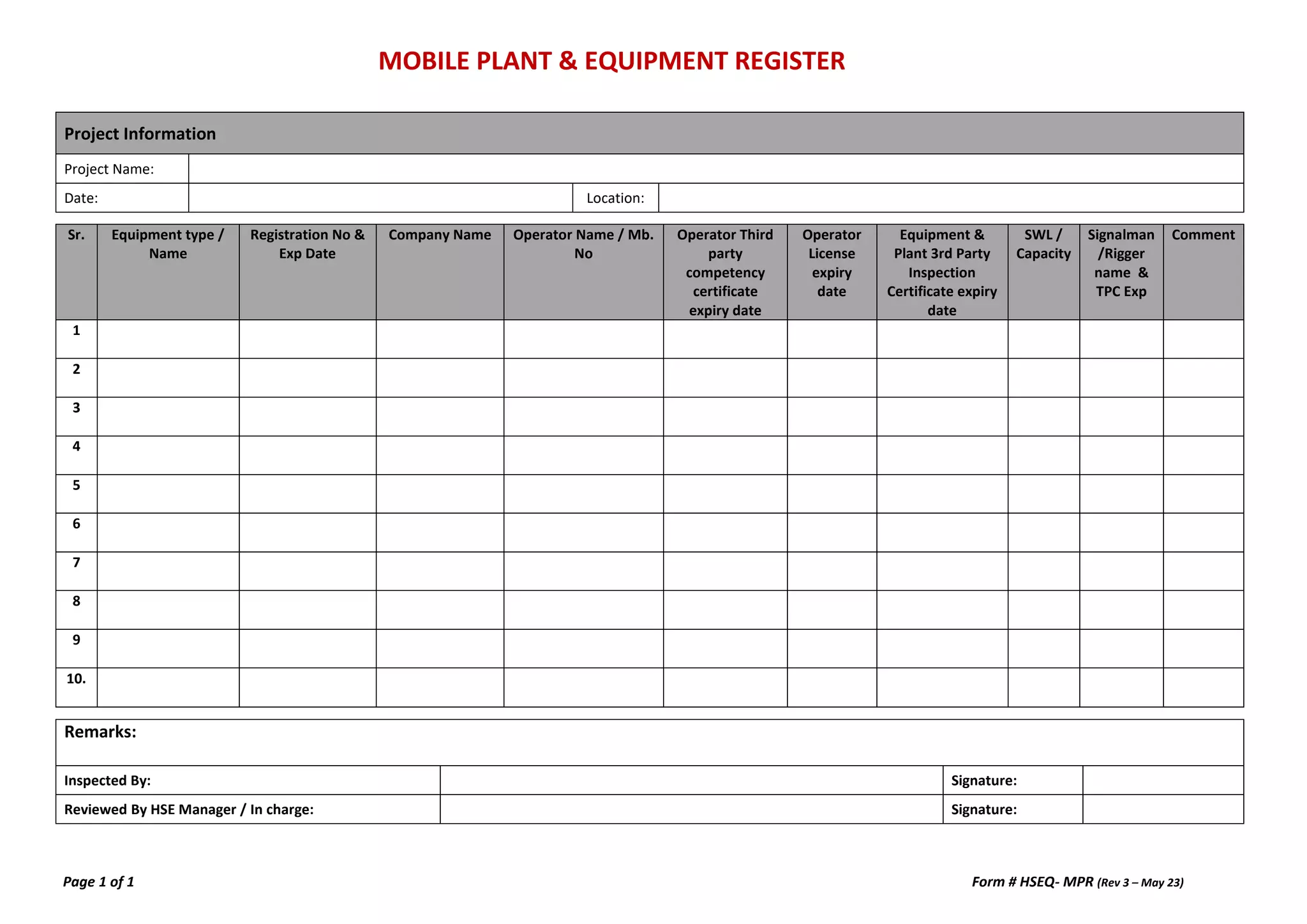 MOBILE PLANT REGISTER Form # HSEQ - MPR Rev 3.docx