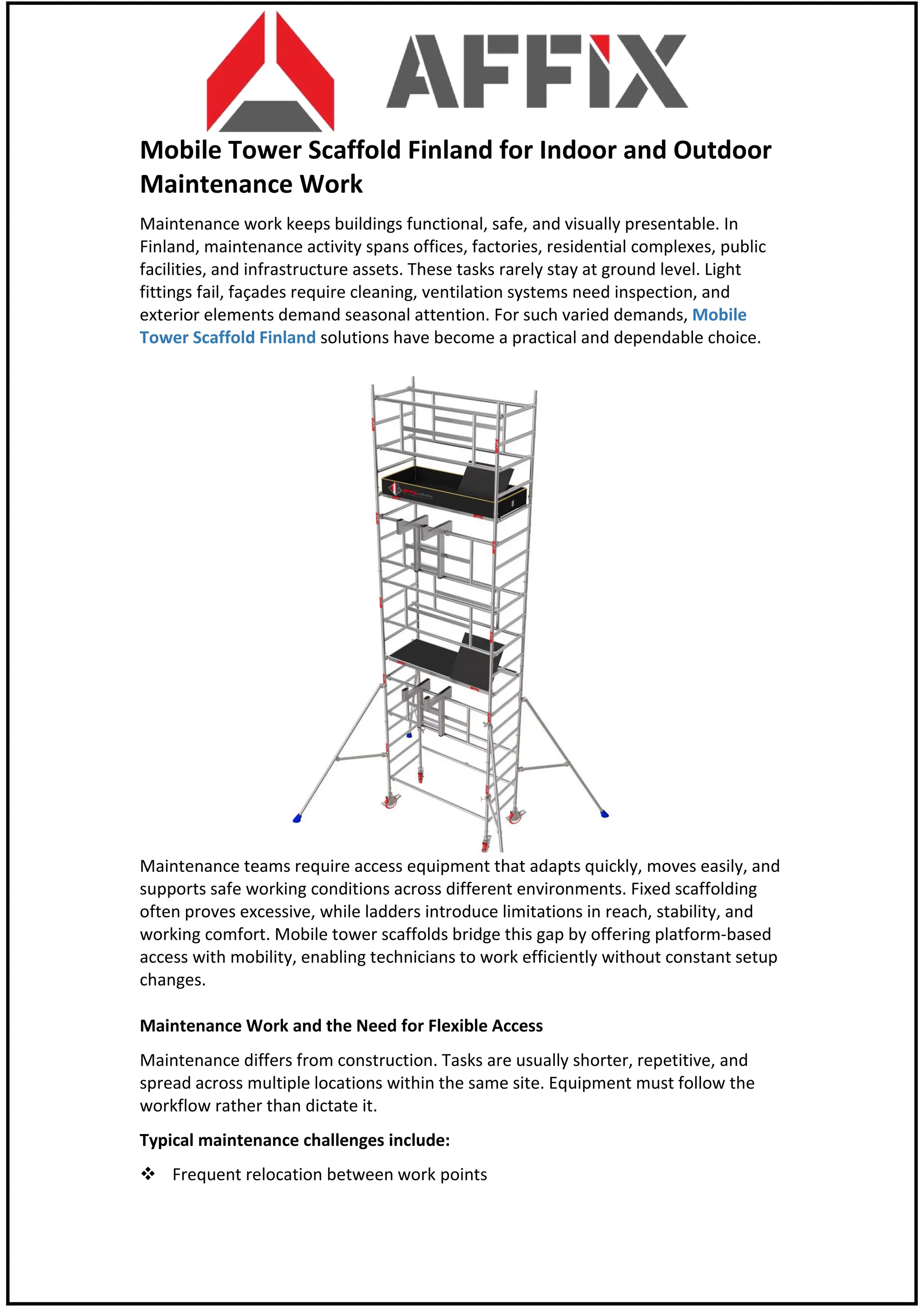 Mobile Tower Scaffold Finland for Indoor and Outdoor Maintenance Work | PDF