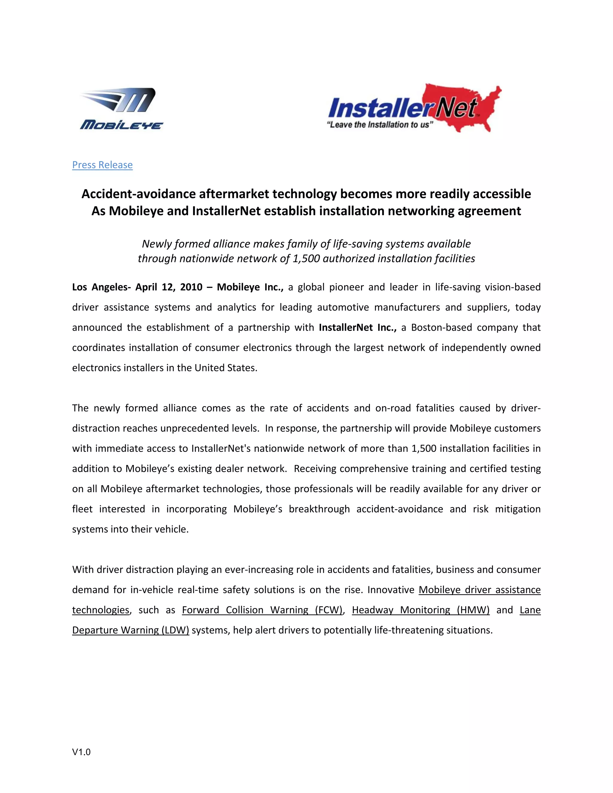 Mobileye & InstallerNet establish installation networking agreement | PDF