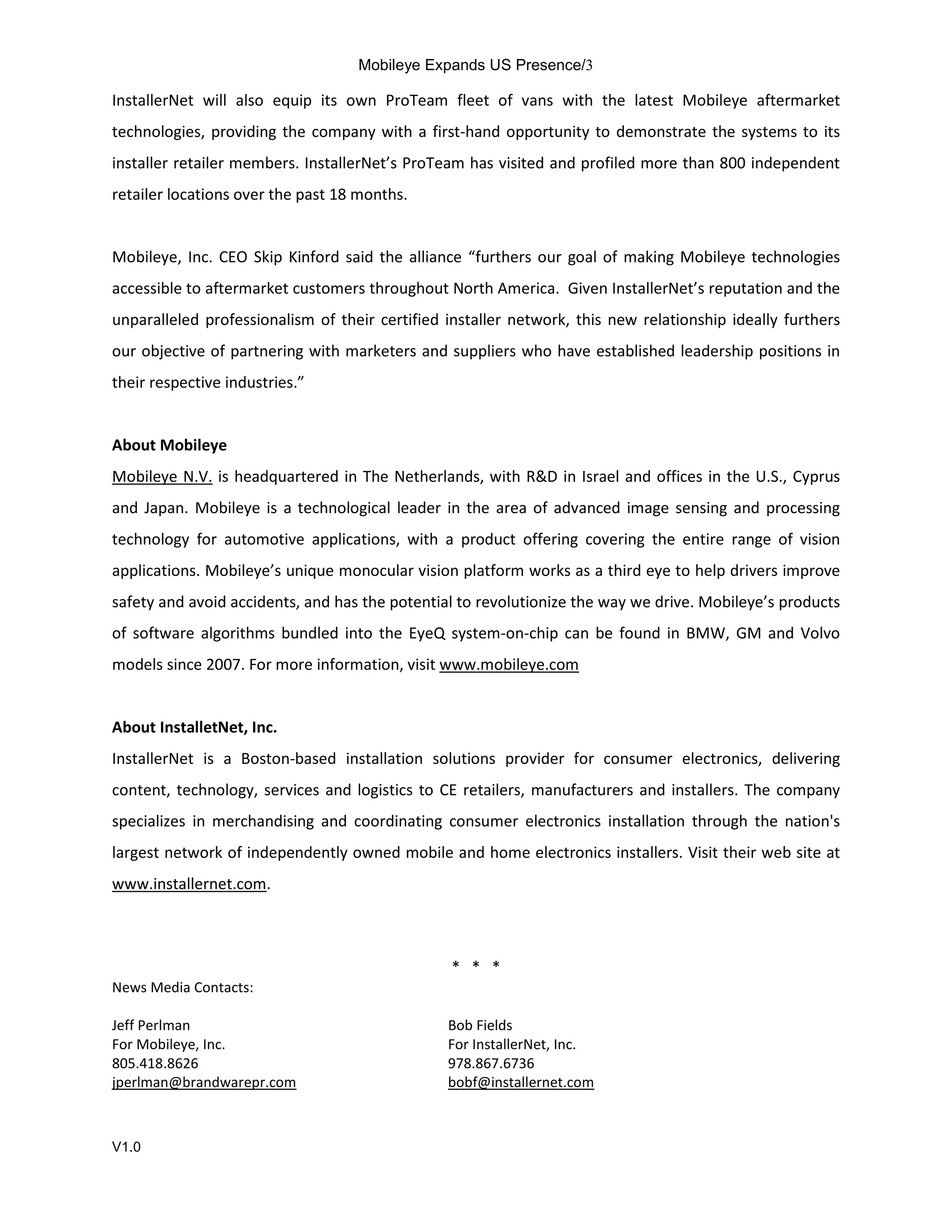 Mobileye & InstallerNet establish installation networking agreement | PDF