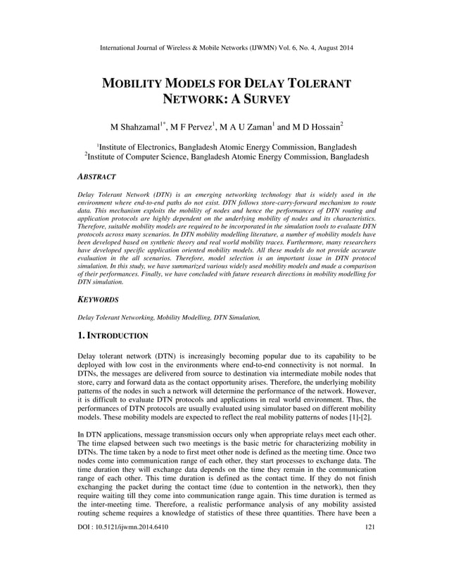 Mobility Models For Delay Tolerant Network A Survey Pdf