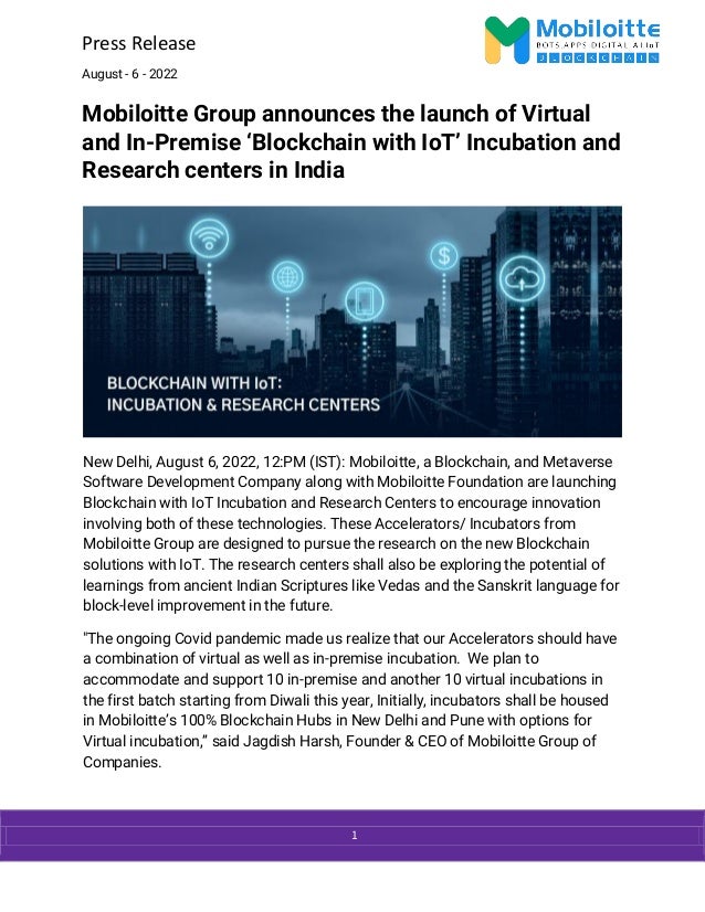 Mobiloitte Group announces the launch of Virtual and In-Premise ‘Blockchain with IoT’ Incubation ...
