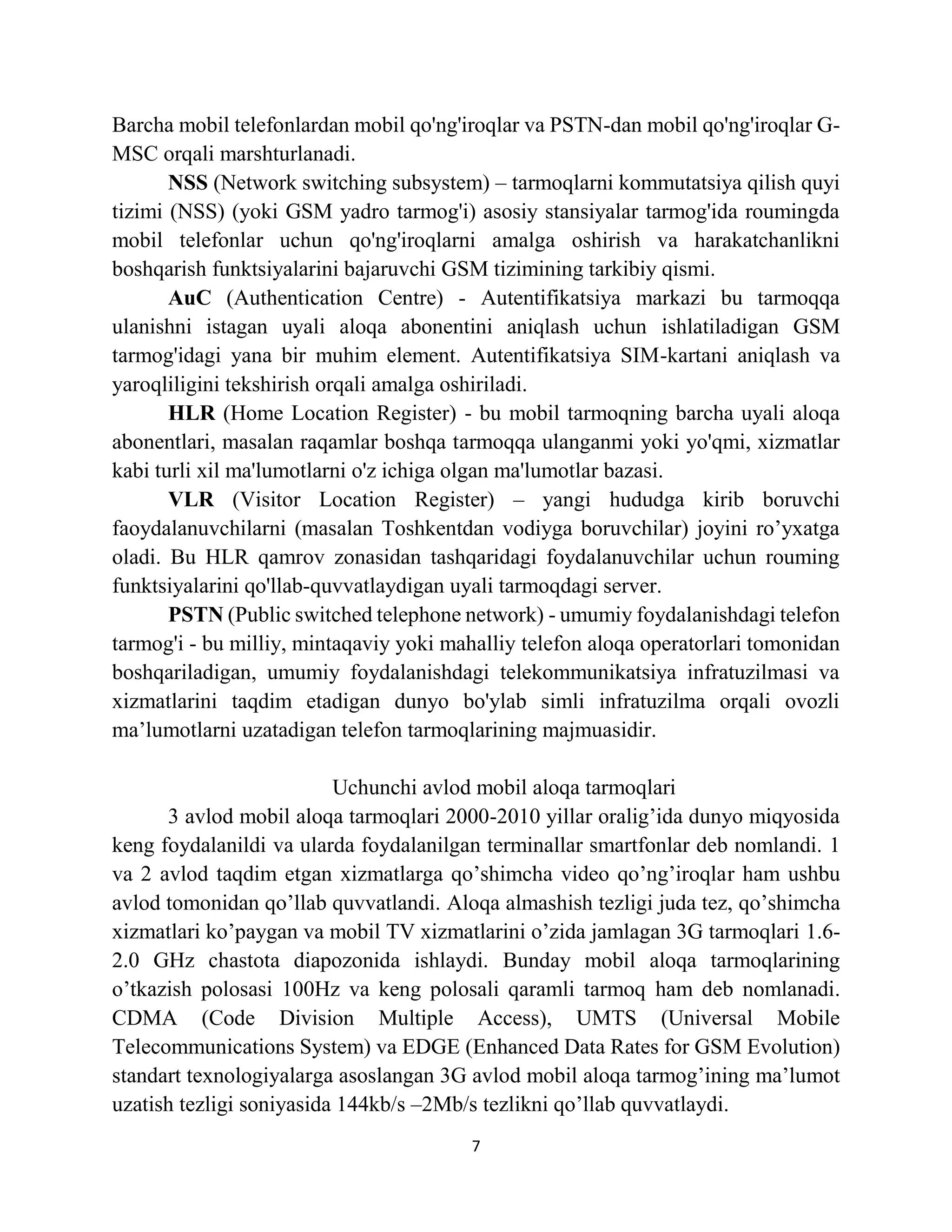 Mobil tarmoqlari. 3G (umts va wcdma), 4G (Wimax va lte) va 5G te.docx