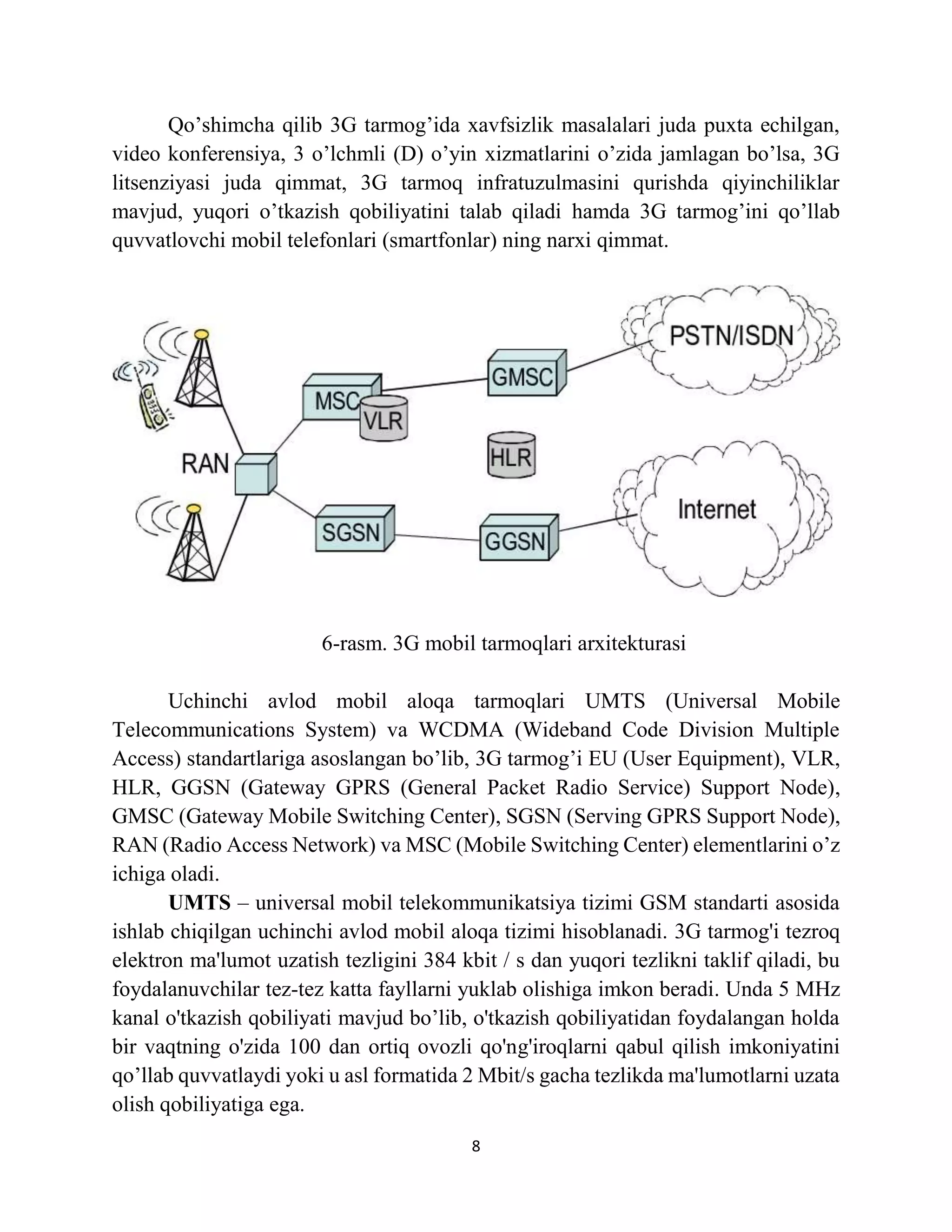 Mobil tarmoqlari. 3G (umts va wcdma), 4G (Wimax va lte) va 5G te.docx