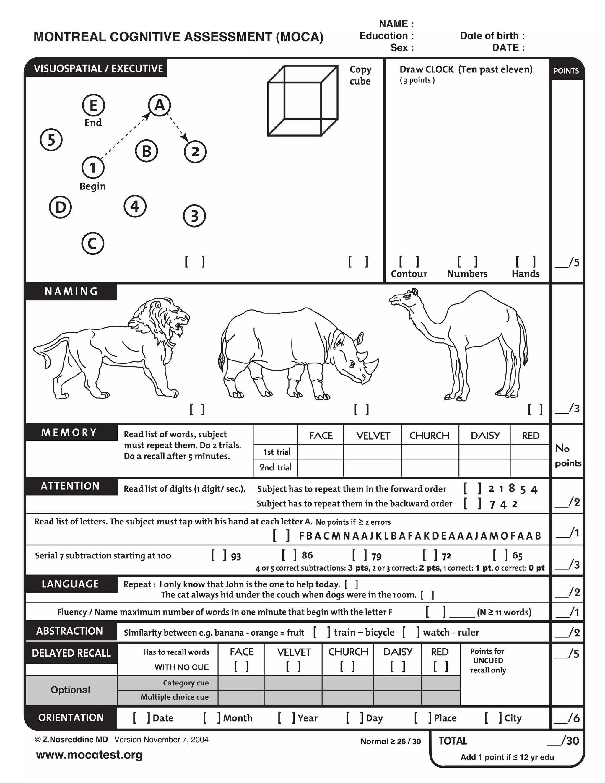 MoCA Dementia Screening Tool | PDF