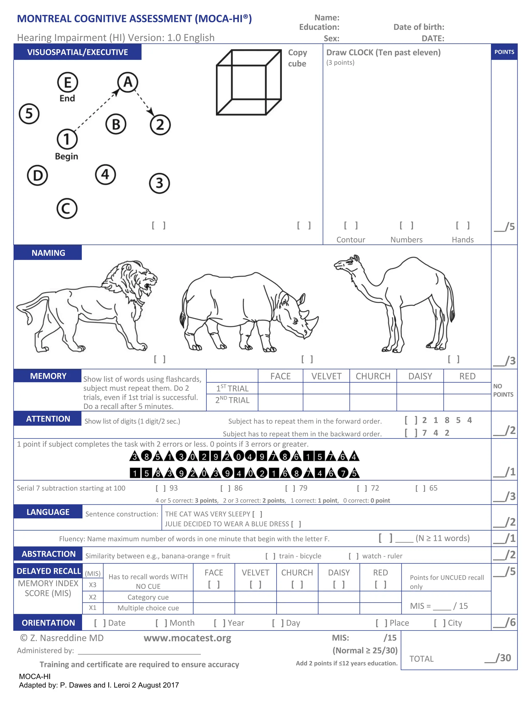 MoCA HI hoja para uso profesional con experiencia cognitiva | PDF