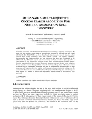 MOCANAR: A Multi-Objective Cuckoo Search Algorithm for Numeric Association Rule Discovery | PDF