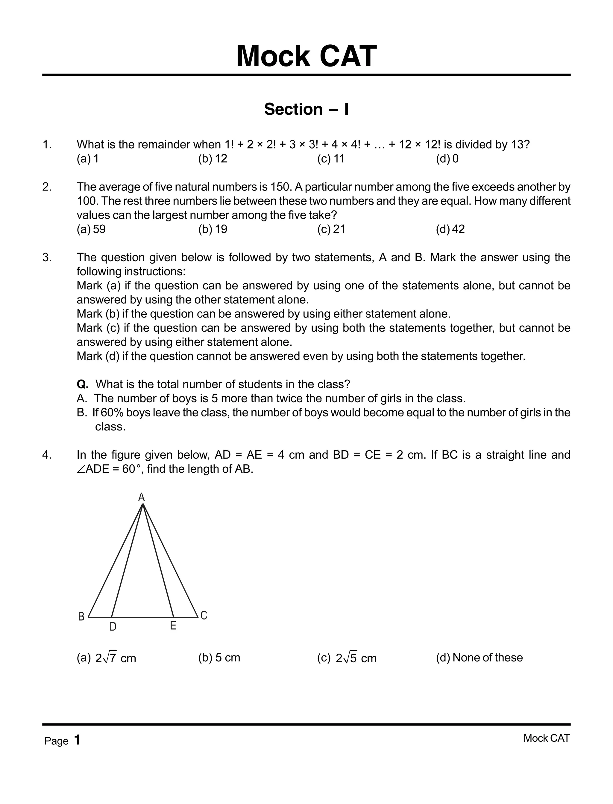 Mock cat questions paper no 1 | PDF