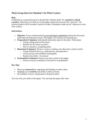 Handouts Mock Group Interview for personally selling class, sales ...