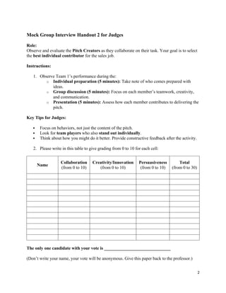 Handouts Mock Group Interview for personally selling class, sales ...