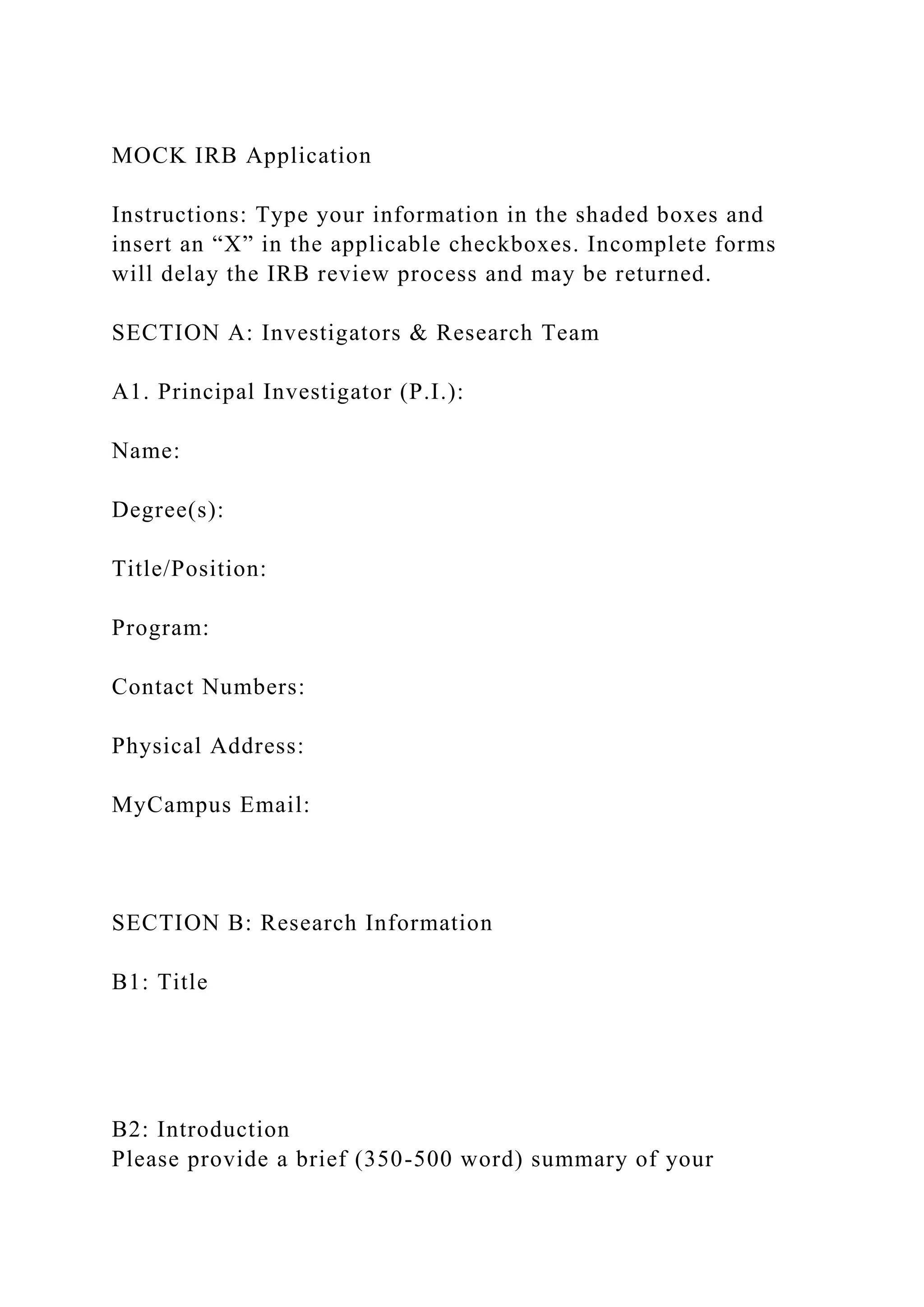 MOCK IRB Application Instructions Type your information in the .docx