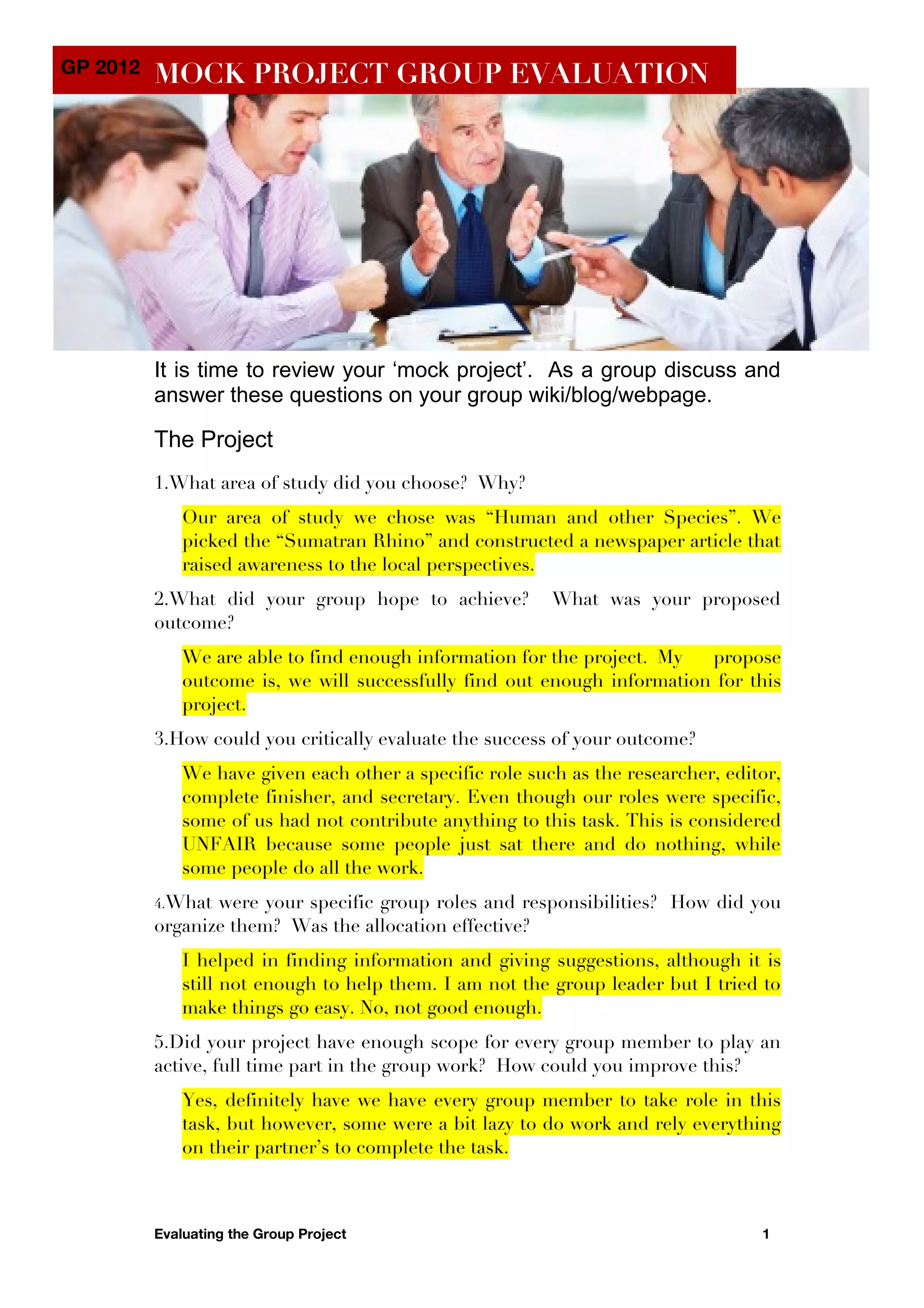 Mock project group evaluation final | DOC