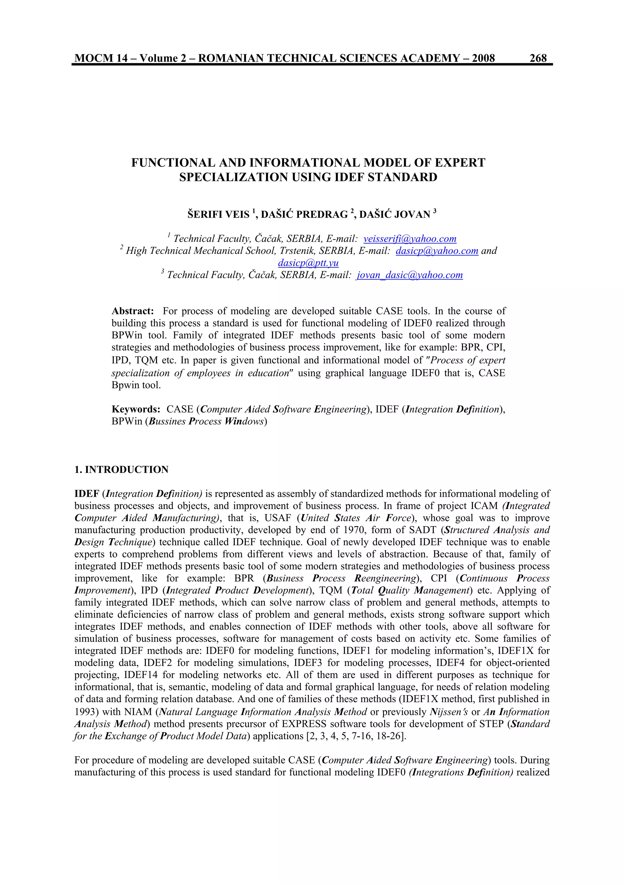 FUNCTIONAL AND INFORMATIONAL MODEL OF EXPERT SPECIALIZATION USING IDEF STANDARD | PDF