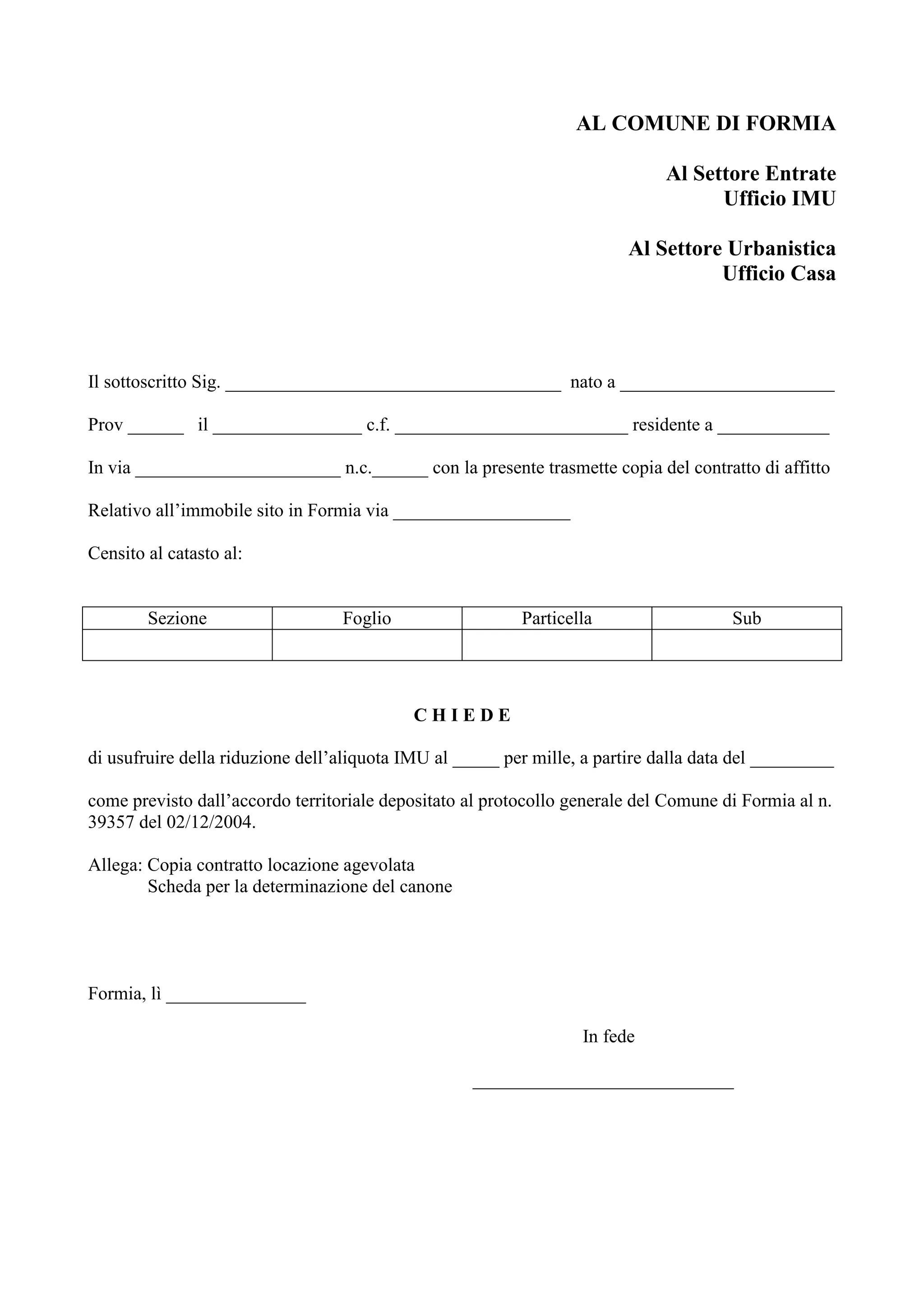 Modello Richiesta Agevolazione IMU comune di Formia | PDF