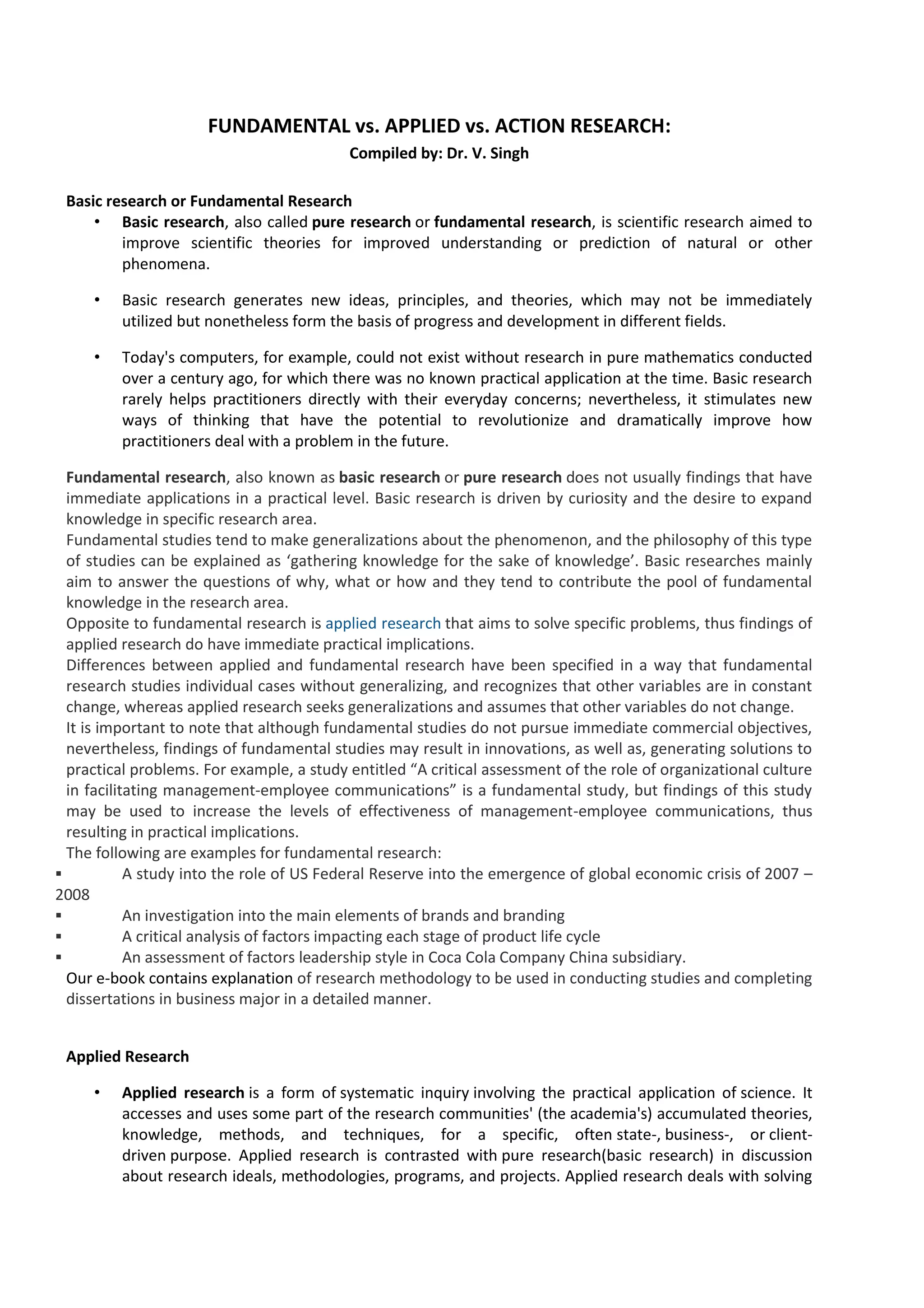 Fundamental vs applied vs action research | PDF